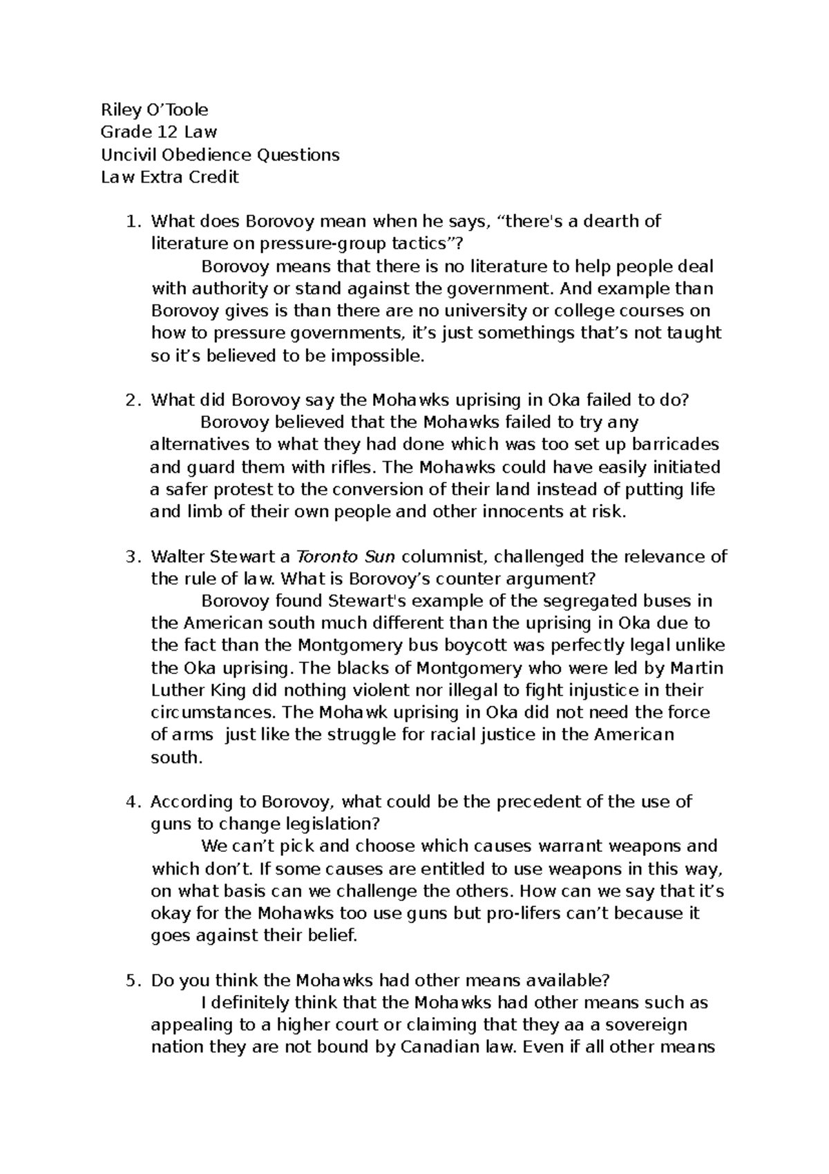 Law Extra Credit - essay - Riley O’Toole Grade 12 Law Uncivil Obedience ...