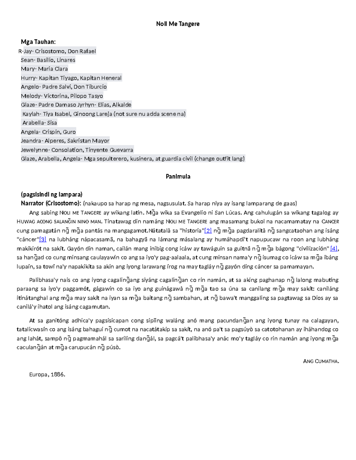 Noli Me Tanger script - Noli Me Tangere Mga Tauhan: R-Jay- Crisostomo ...