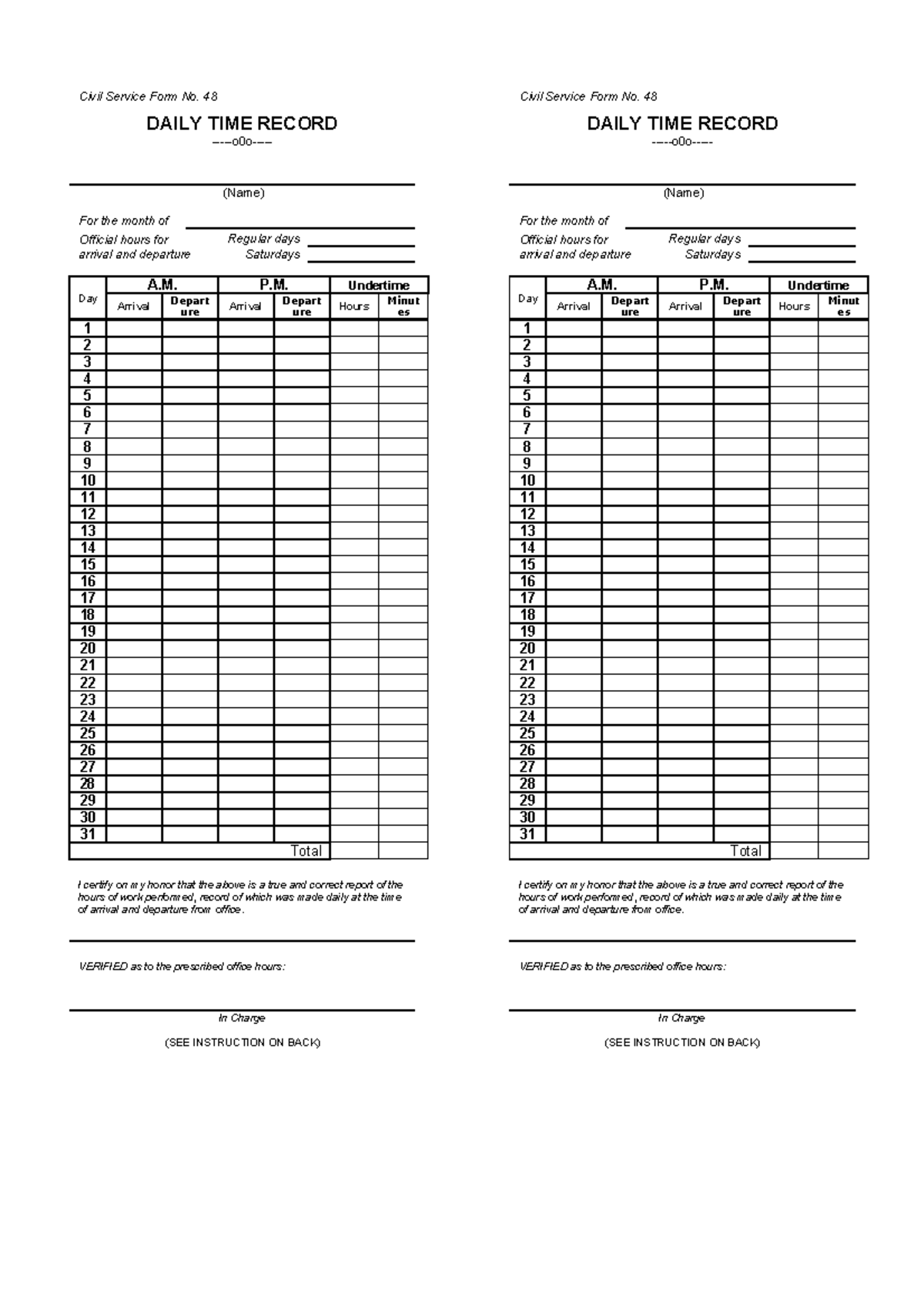 Csc-form48-dtr compress - Civil Service Form No. 48 DAILY TIME RECORD ...