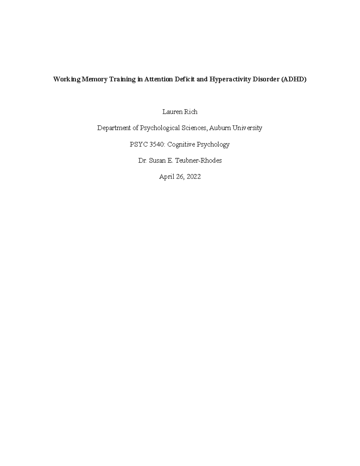 Cog. Psych. Paper - Susan E. Teubner-Rhodes; complete essay on Working ...