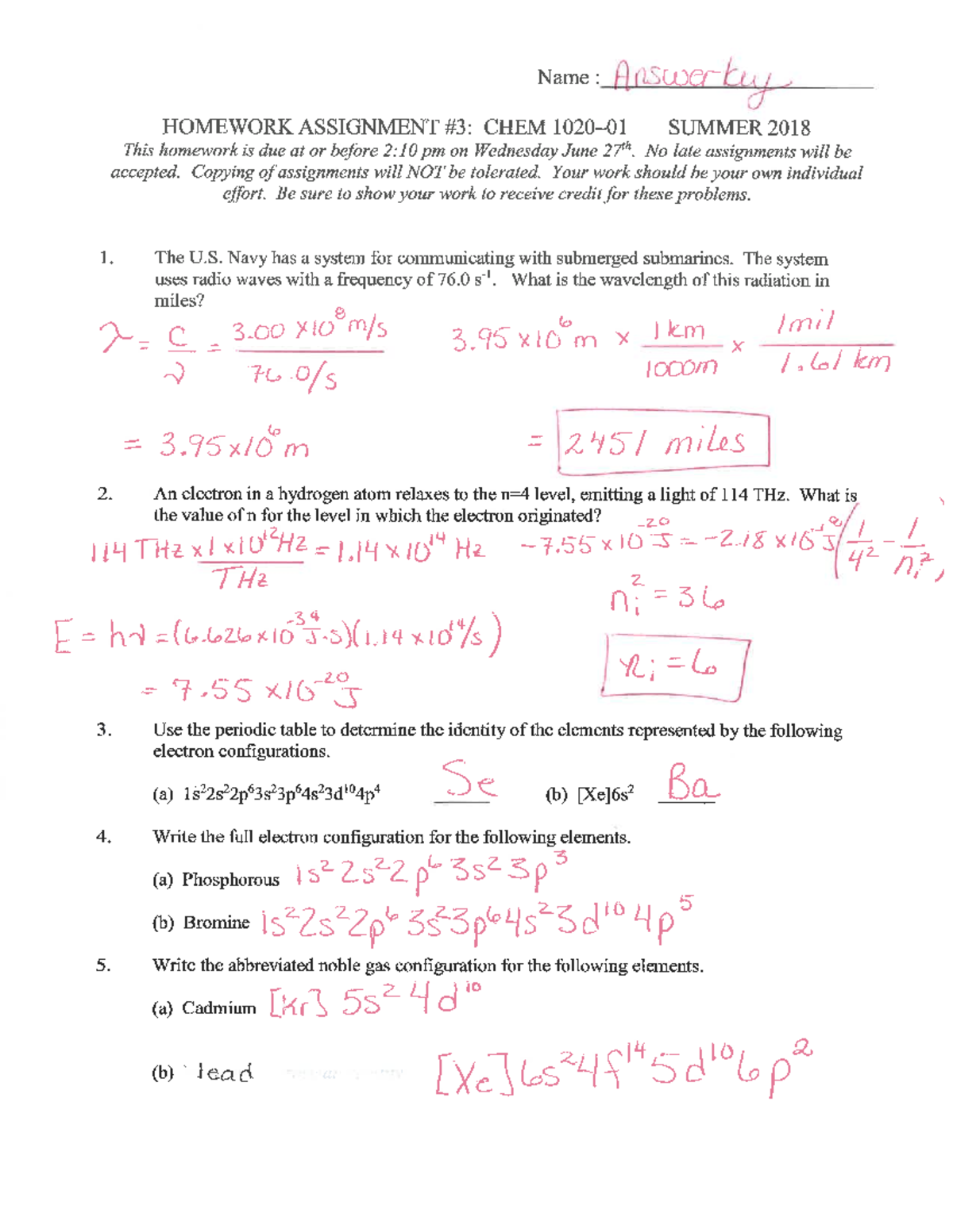 Homwork#3Answer Key - Dr.Kubelka - Name : Answerkey HOMEWORK ASSIGNMENT ...