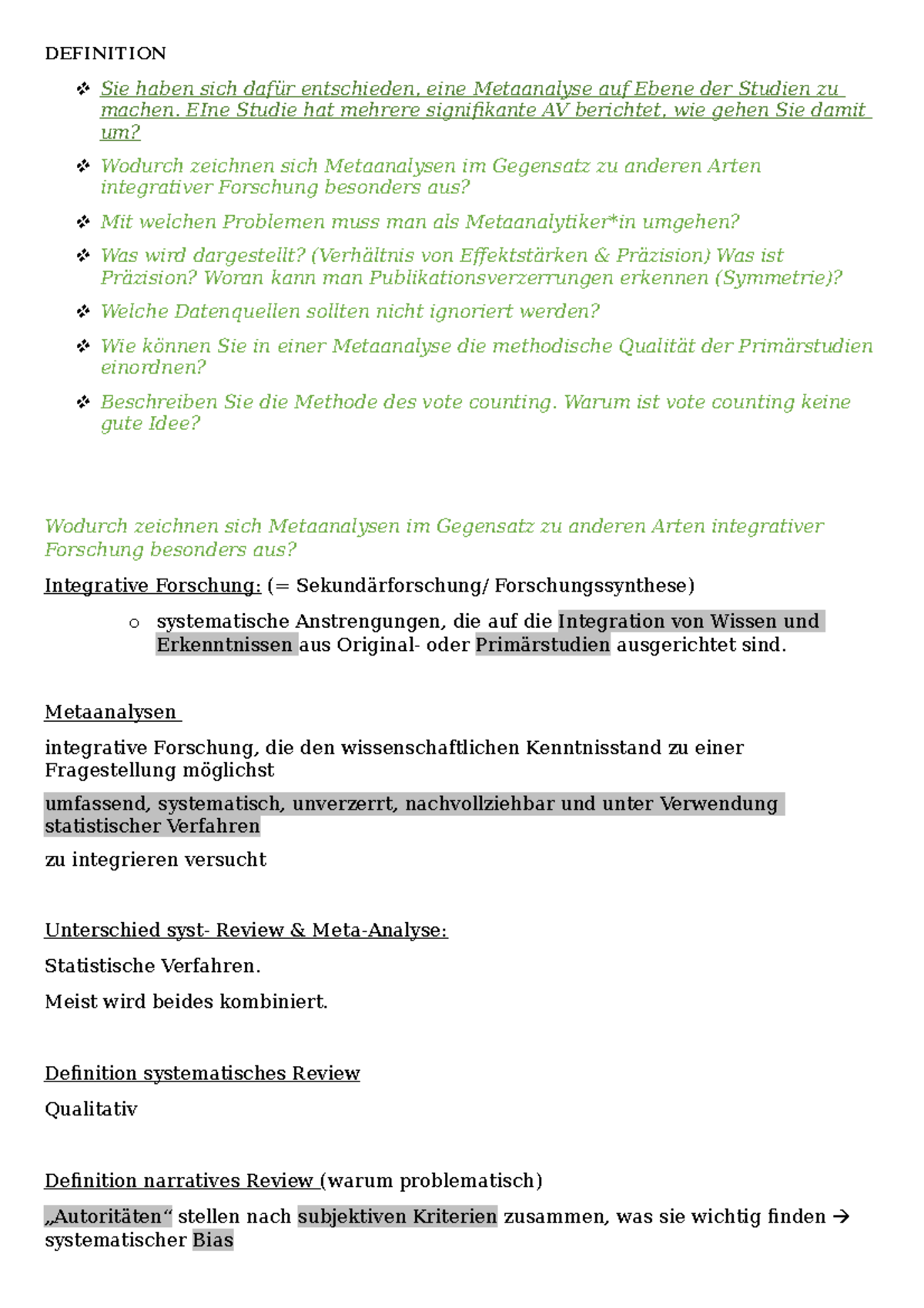 1. Metaanalysen - Klausurrelevant - DEFINITION Sie haben sich dafür ...