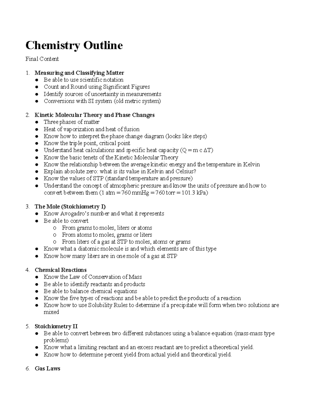 Chemistry Outline (Final) - Chemistry Outline Final Content 1 ...