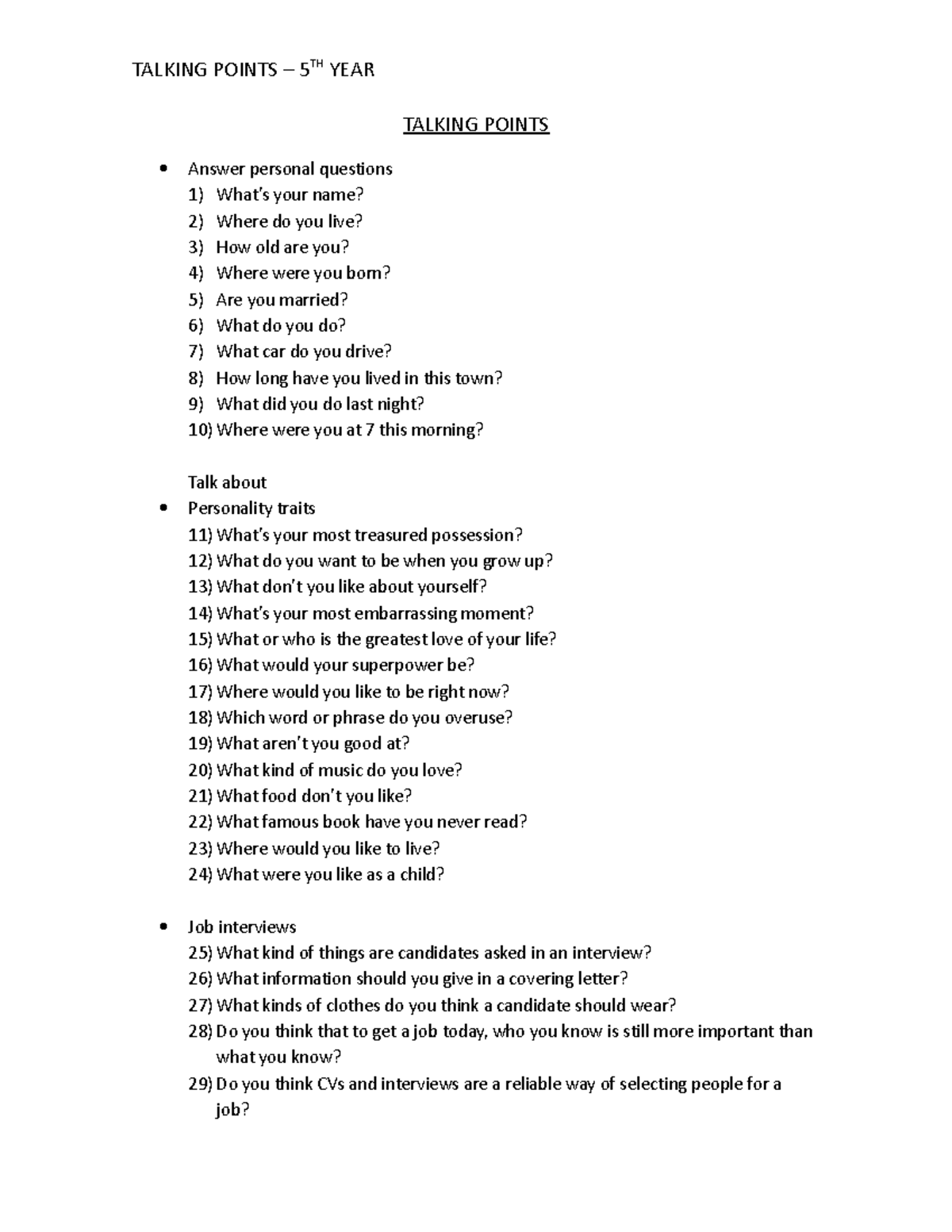 Talking Points 5TH YEAR - TALKING POINTS – 5 YEAR TALKING POINTS Answer ...