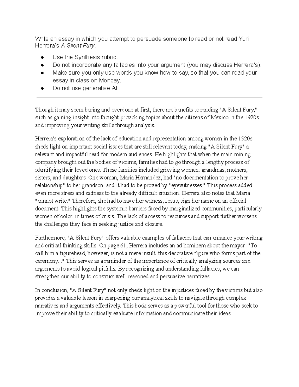 Silent Fury Essay - Write an essay in which you attempt to persuade ...