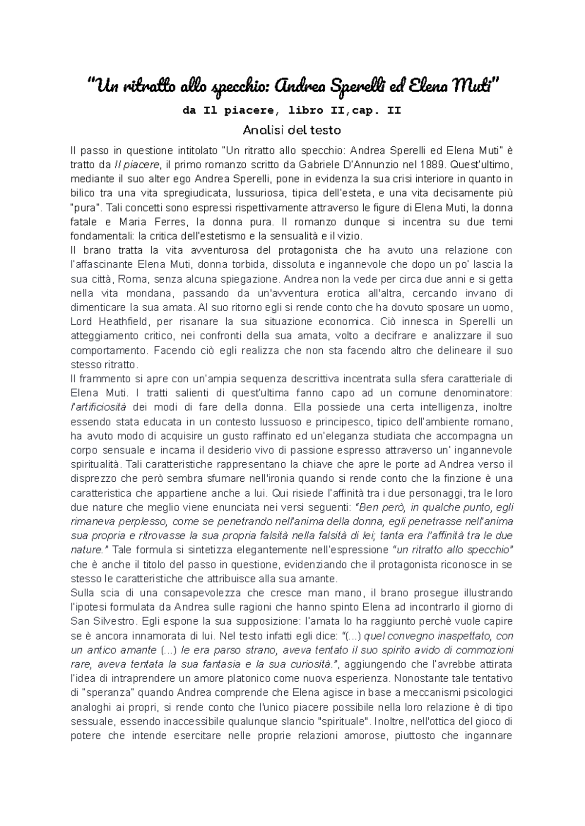 Analisi del testo “Un ritratto allo specchio Andrea Sperelli ed Elena ...