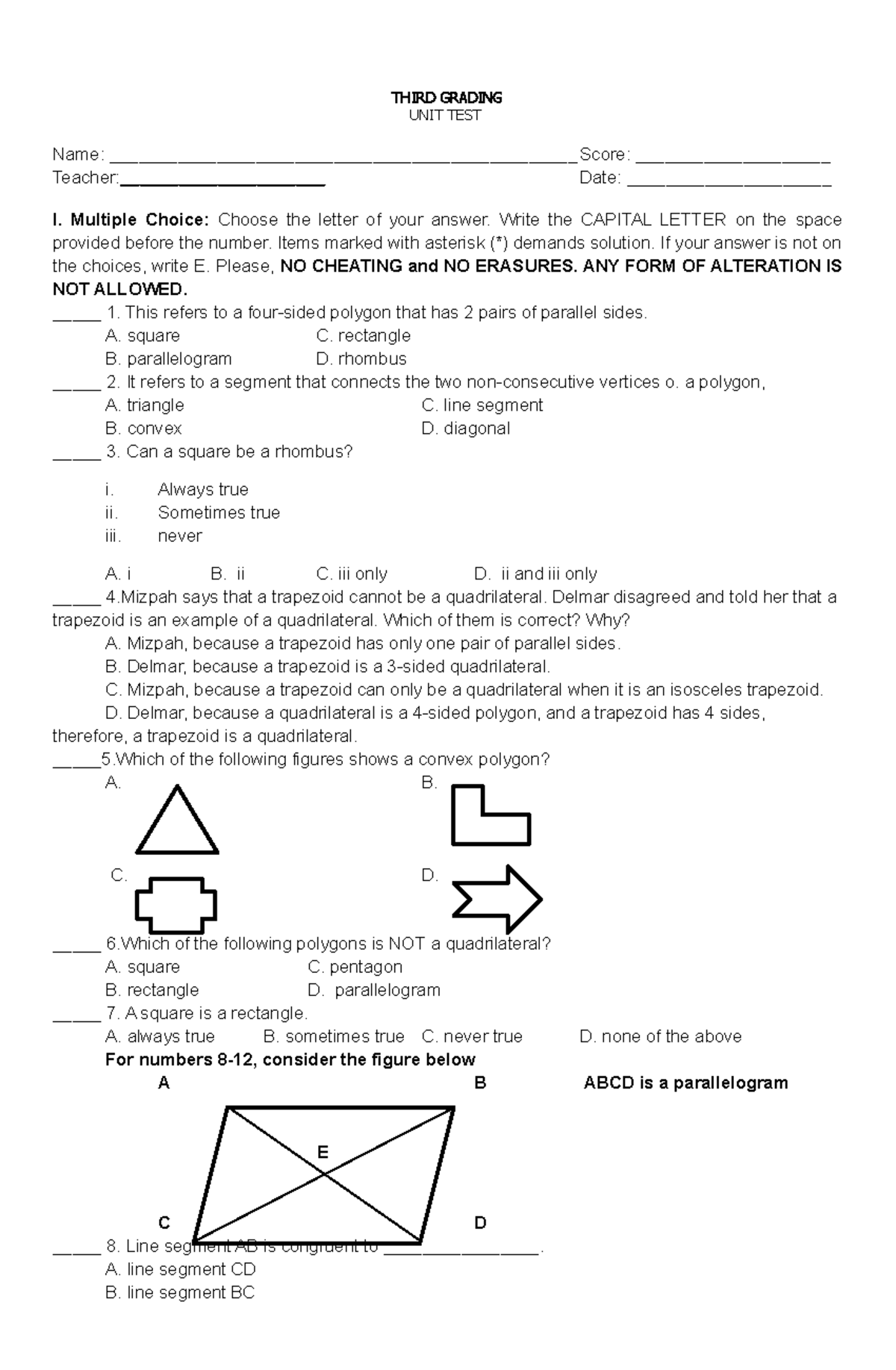 Unit Test 3rd Grading - This unit test made by the individual to ...