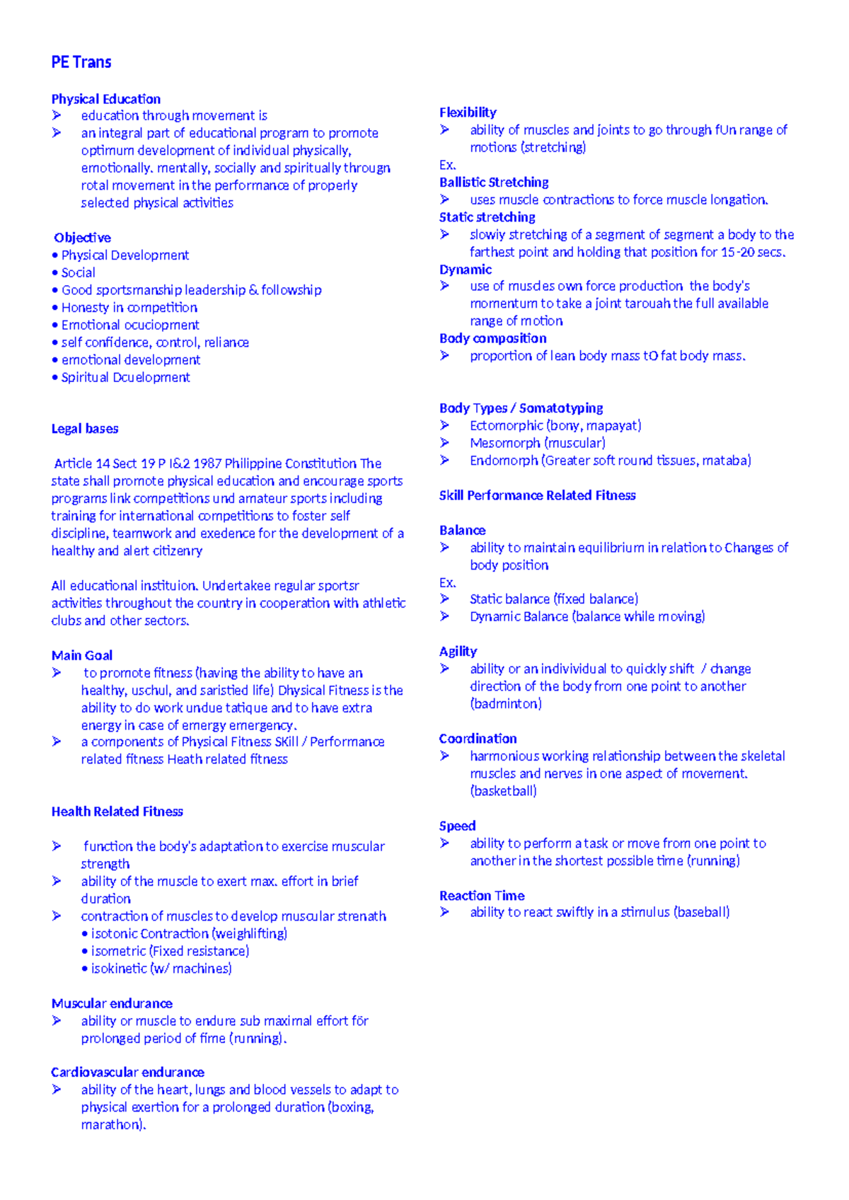 PE Trans - Physical Education - Notes - PE Trans Physical Education ...