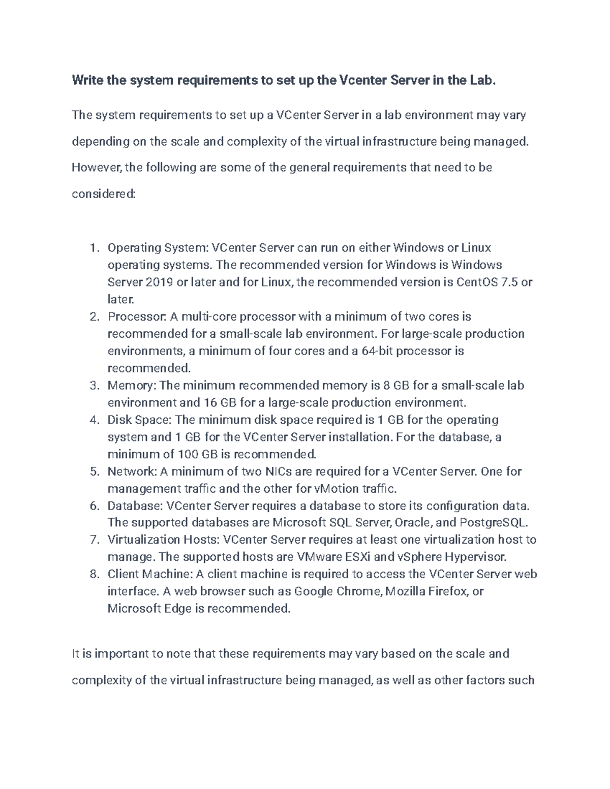Write the system requirements to set up the Vcenter Server in the Lab ...