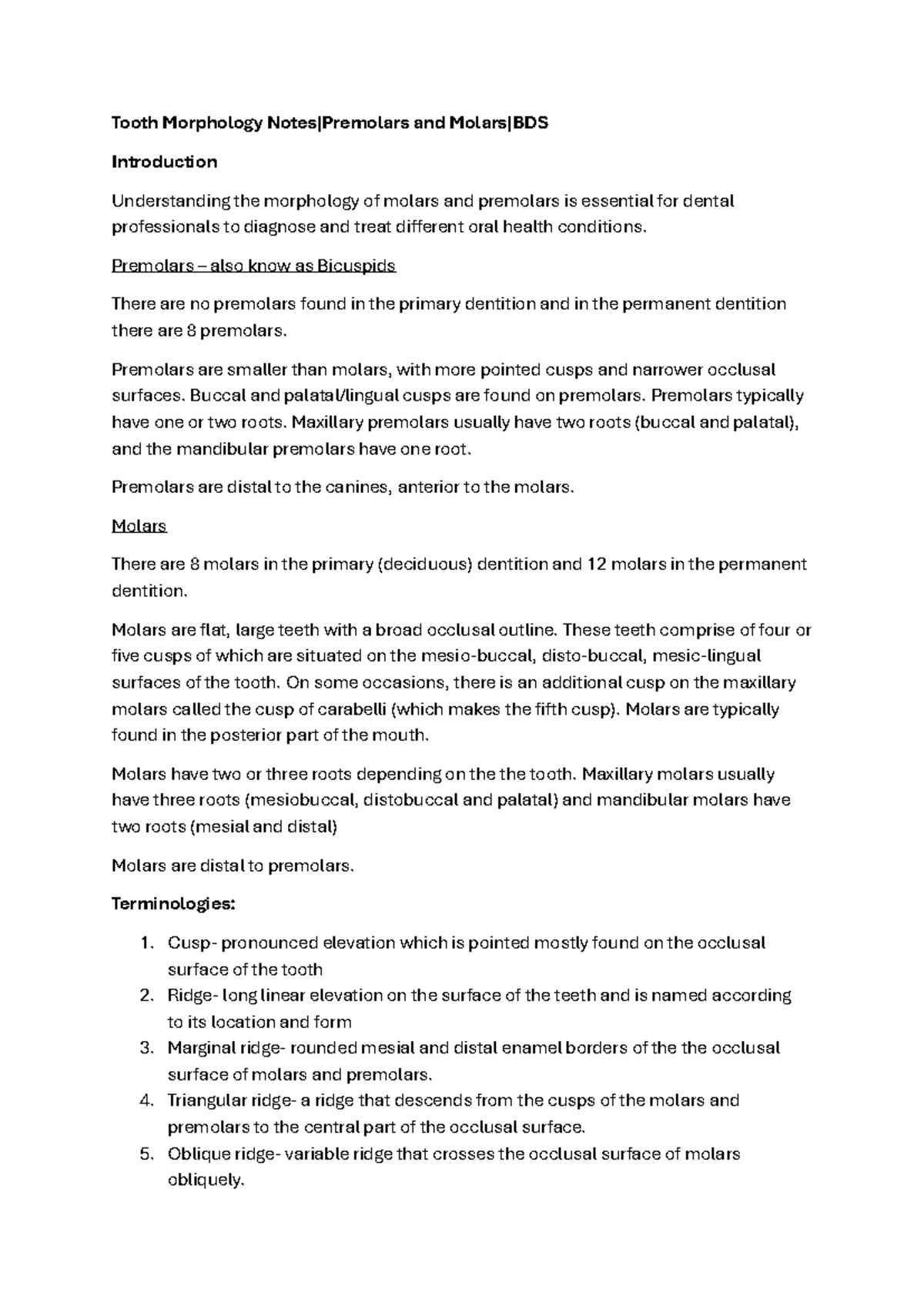 Document - Tooth Morphology Notes|Premolars and Molars|BDS Introduction ...