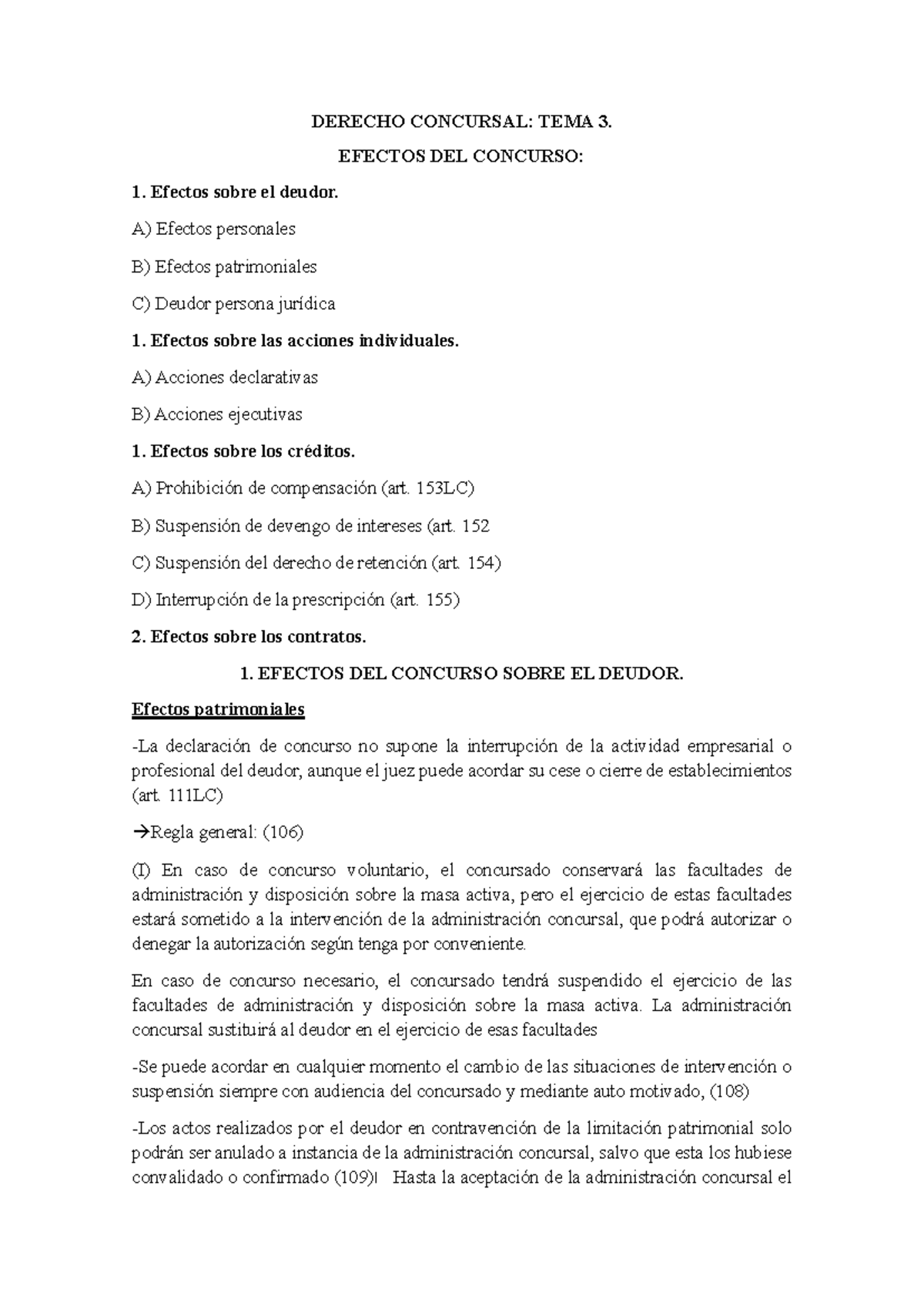 Derecho Concursal T3 Imprimir - DERECHO CONCURSAL: TEMA 3. EFECTOS DEL CONCURSO: Efectos sobre ...