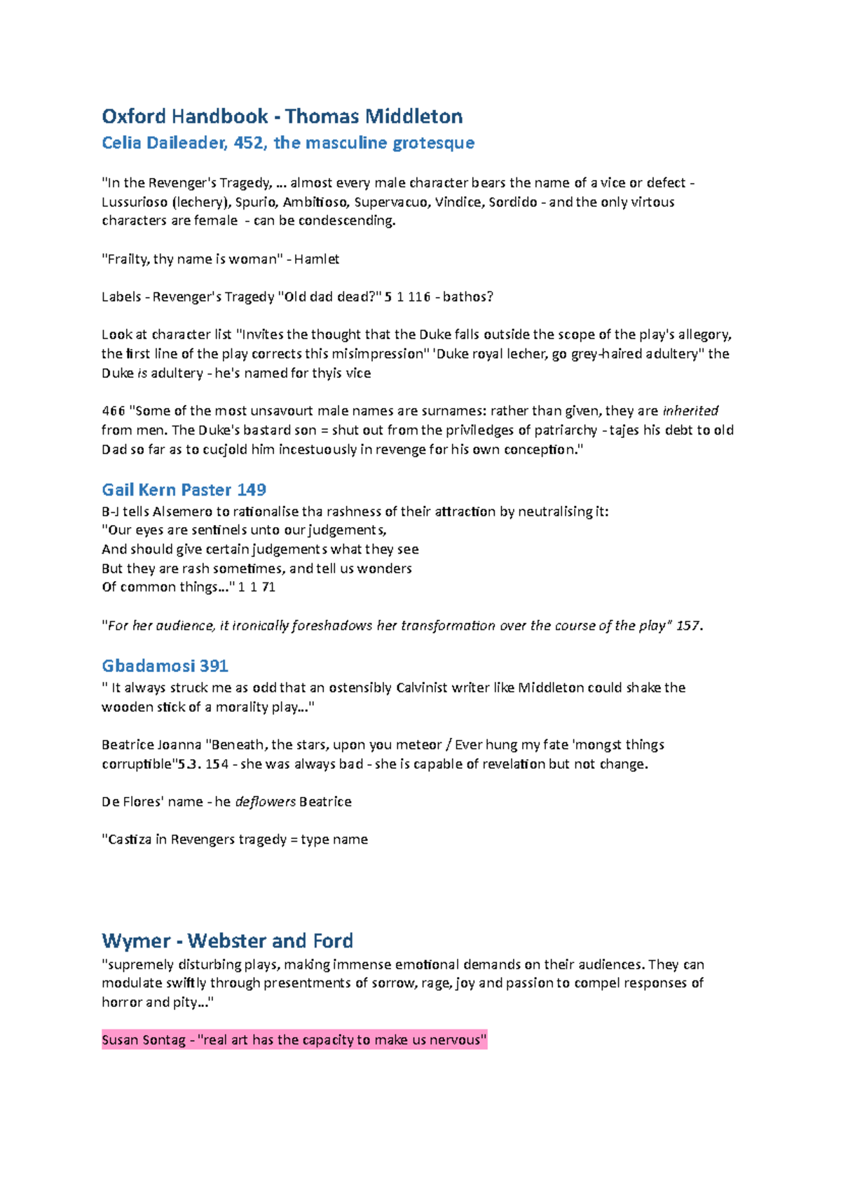 Notes on Jacobean plays - Oxford Handbook - Thomas Middleton Celia ...