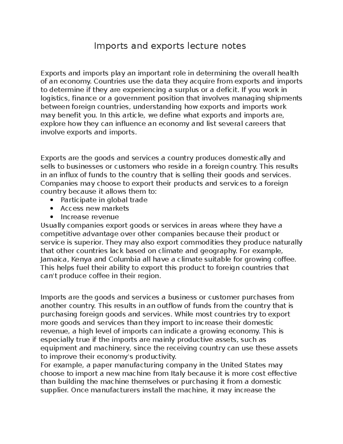 Lecture notes for MGMT 1000 - Imports and exports lecture notes Exports ...