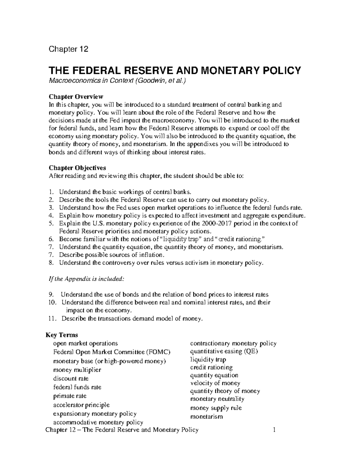 THE Federal Reserve AND Monetary Policy - Chapter 12 THE FEDERAL ...