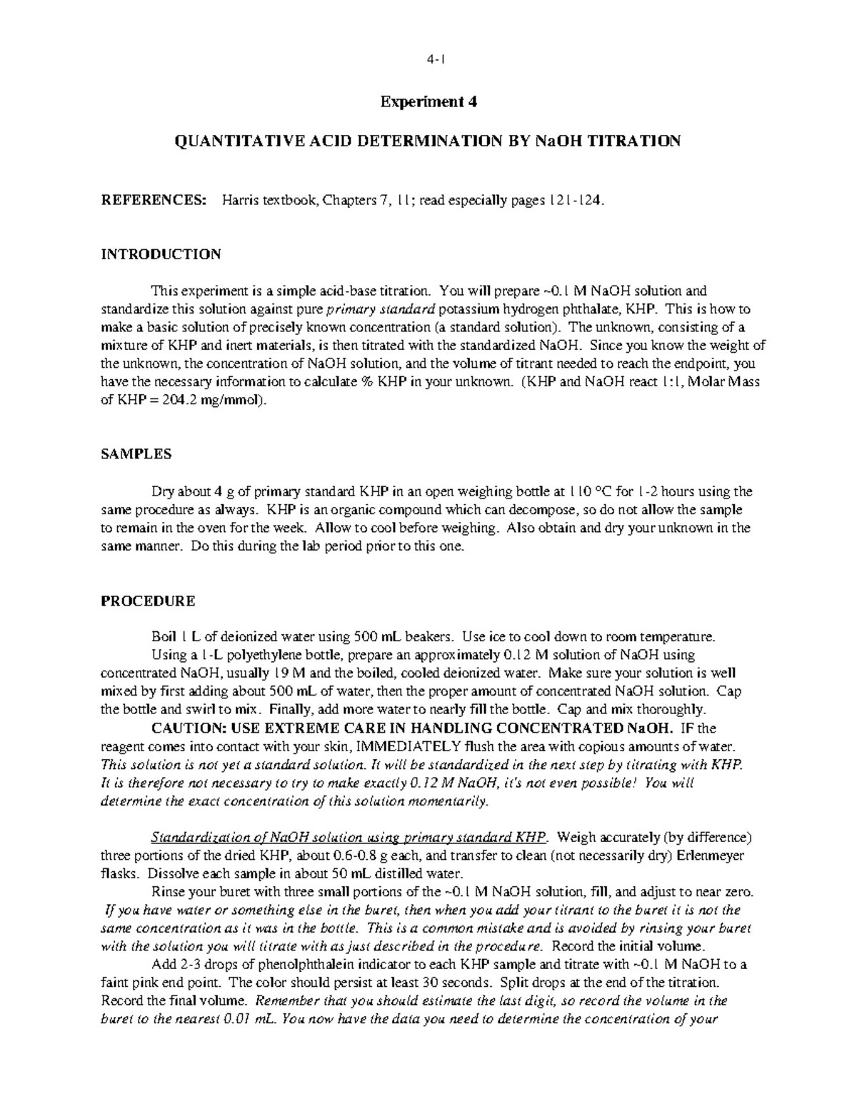 Experiment 4 - lab report - Experiment 4 QUANTITATIVE ACID ...