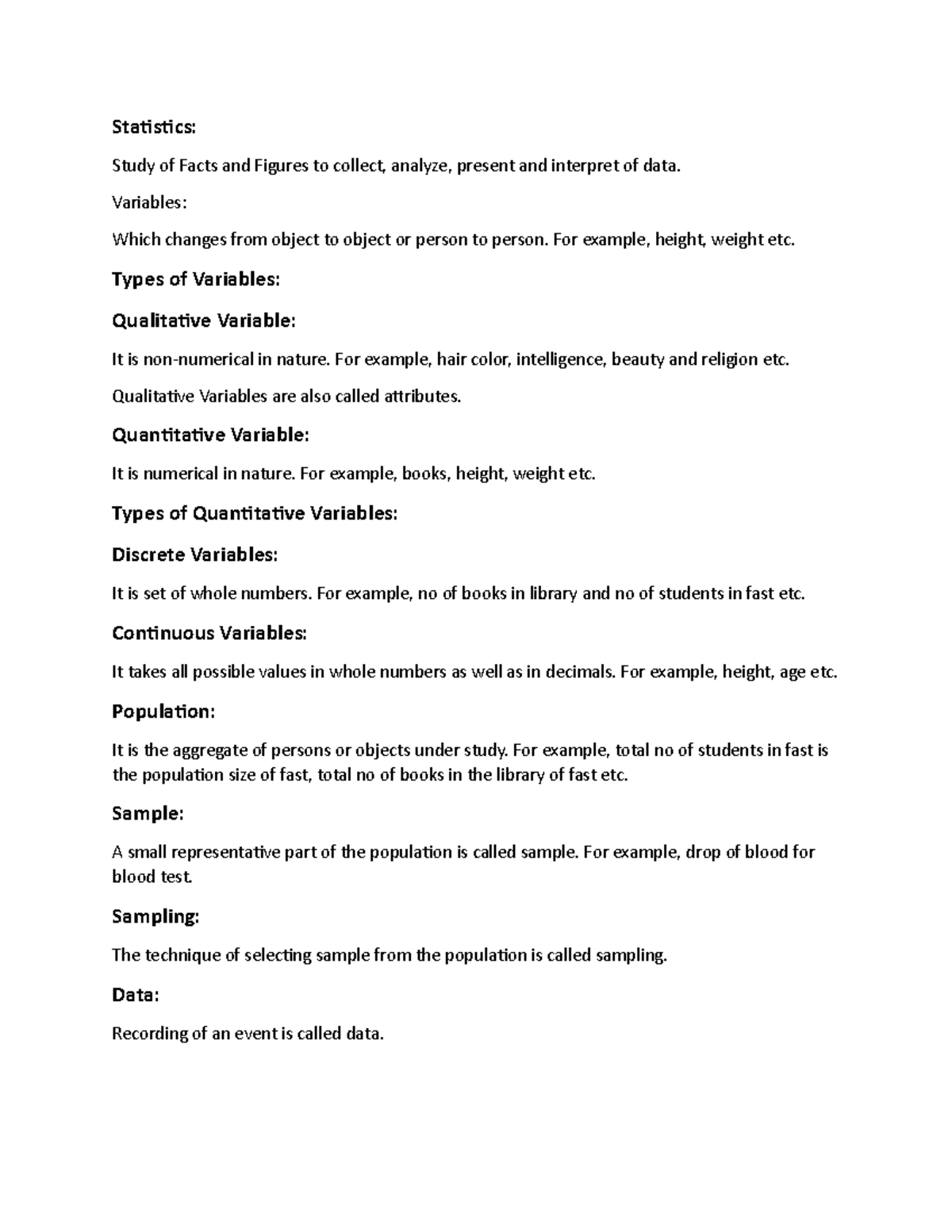 Definations - Helpful material - Statistics: Study of Facts and Figures ...
