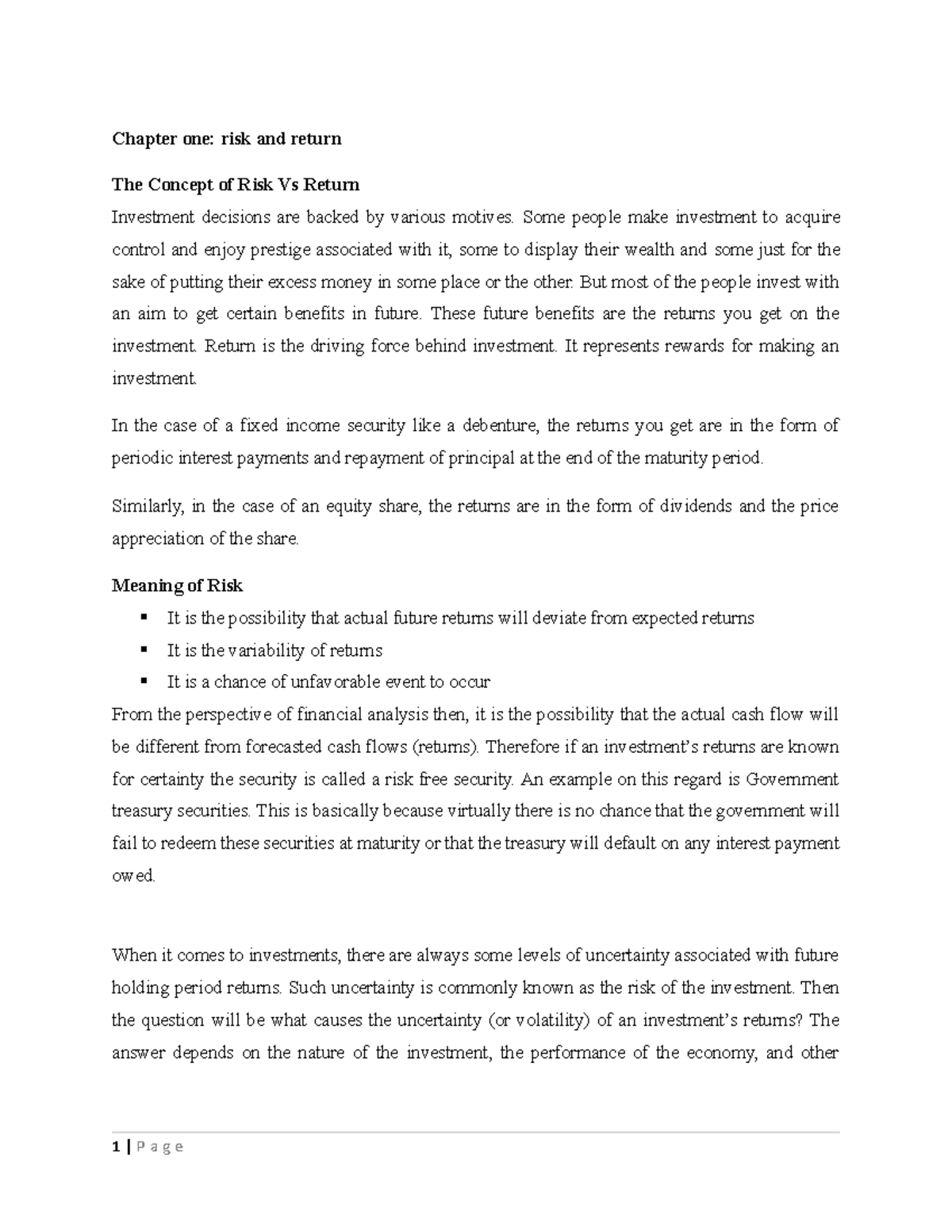 Chap two risk and returen - Chapter one: risk and return The Concept of ...