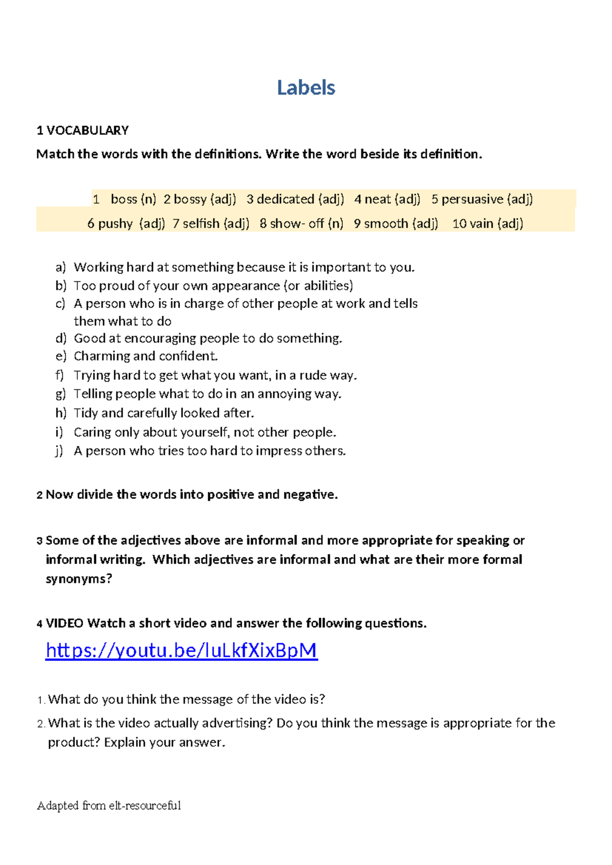 Labels - words with power sept. 21 - Labels 1 VOCABULARY Match the ...