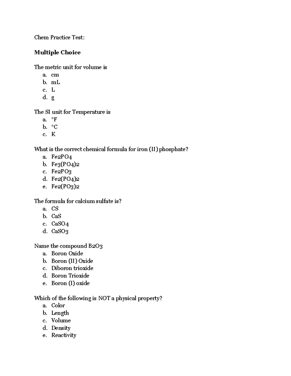 Copy of Chem. Practice Test - Chem Practice Test: Multiple Choice The ...