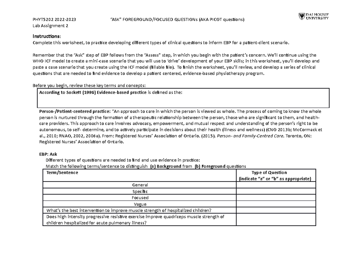 5202 2022-23 Lab Assignment 2 Ask - Lab Assignment 2 Instructions: Complete this worksheet, to ...