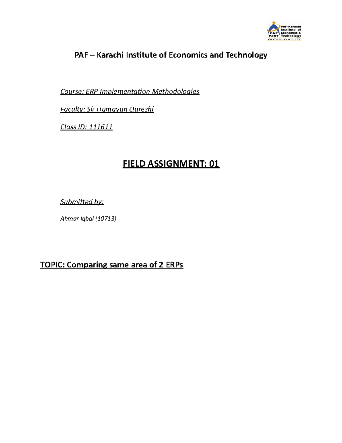 Field Assignment 01 ERP Implementation (Ahmar Iqbal 10713) - PAF ...