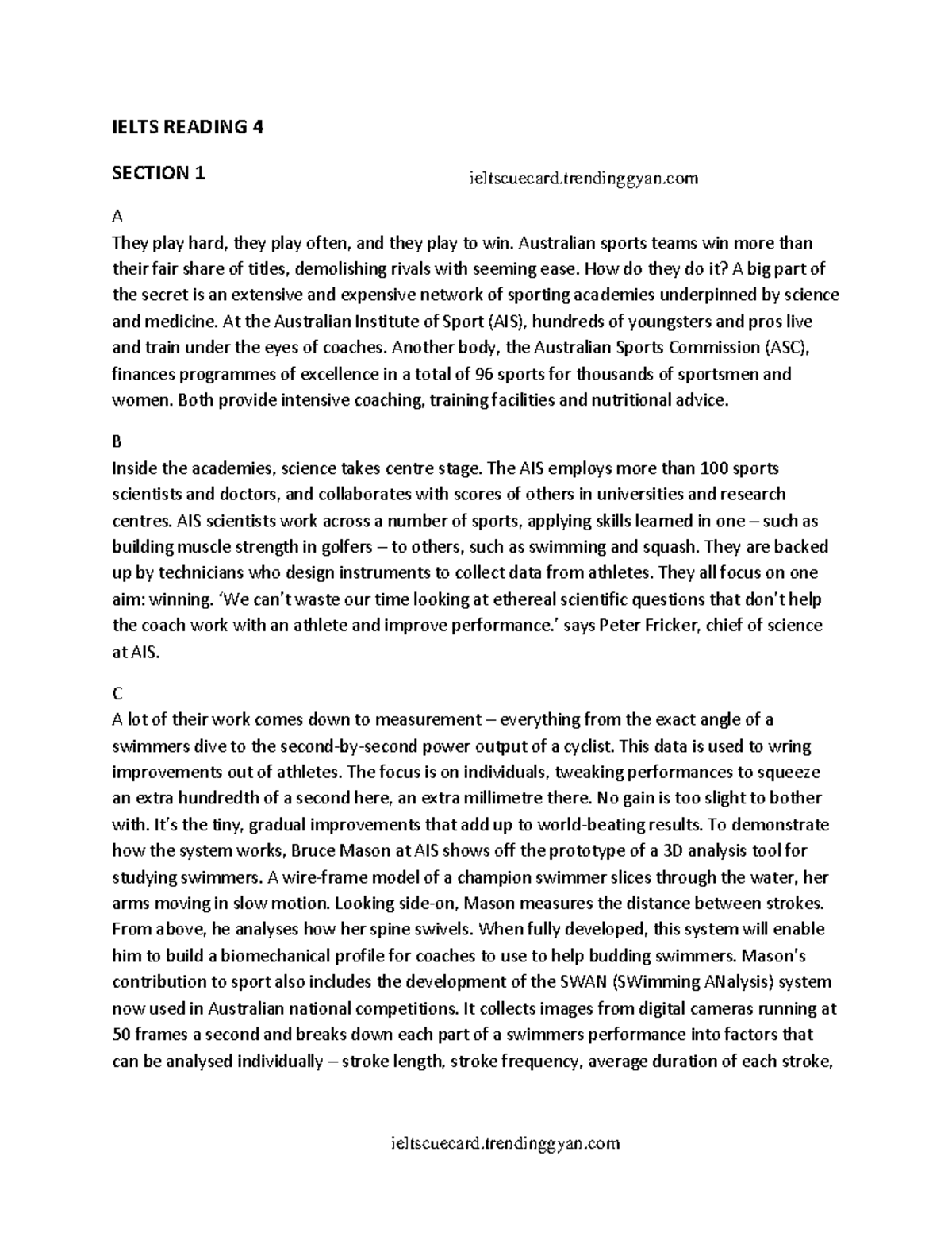 Ielts Reading TEST 4 - IELTS READING 4 SECTION 1 A They play hard, they ...