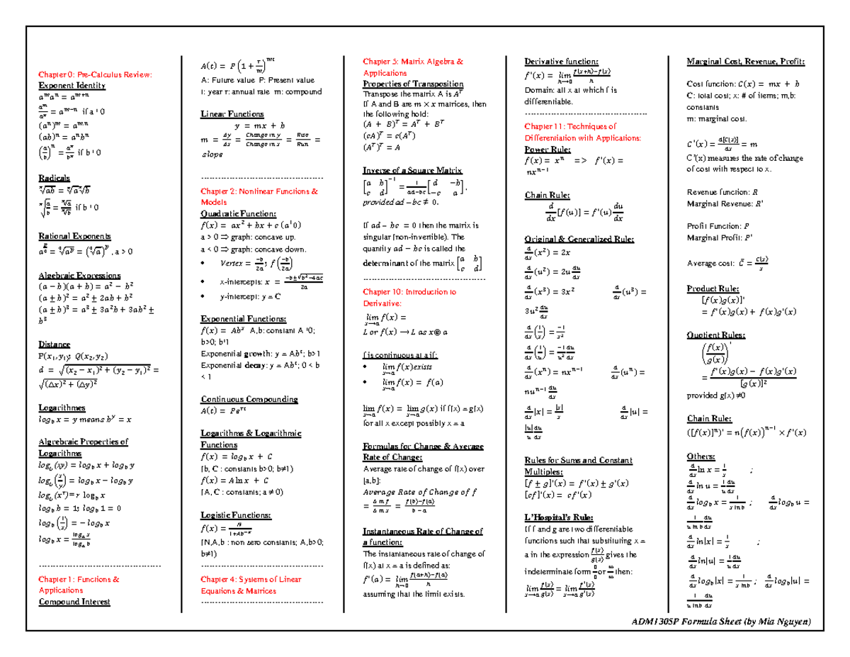 ADM1305 Formula Sheet - jgjugkh;; - ADM1305P Formula Sheet (by Mia ...