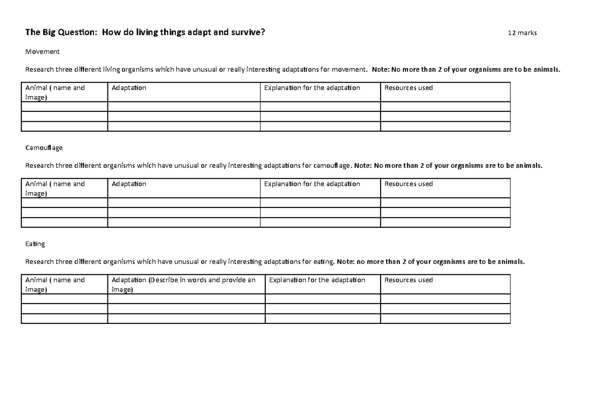 Adaptation project page 1 - The Big Question: How do living things ...