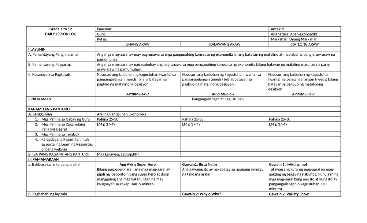 Grade 1 to 12 - seatwork - Grade 1 to 12 DAILY LESSON LOG Paaralan ...