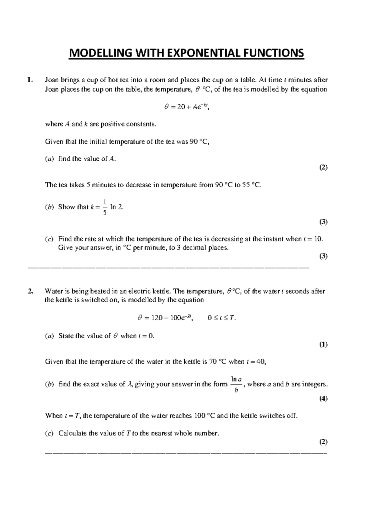 Exam Questions Modelling WITH Exponential Functions MS - MODELLING WITH ...