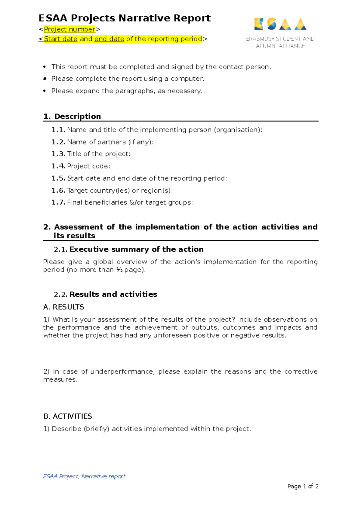 Esaa projects narrative report template - ESAA Projects Narrative ...