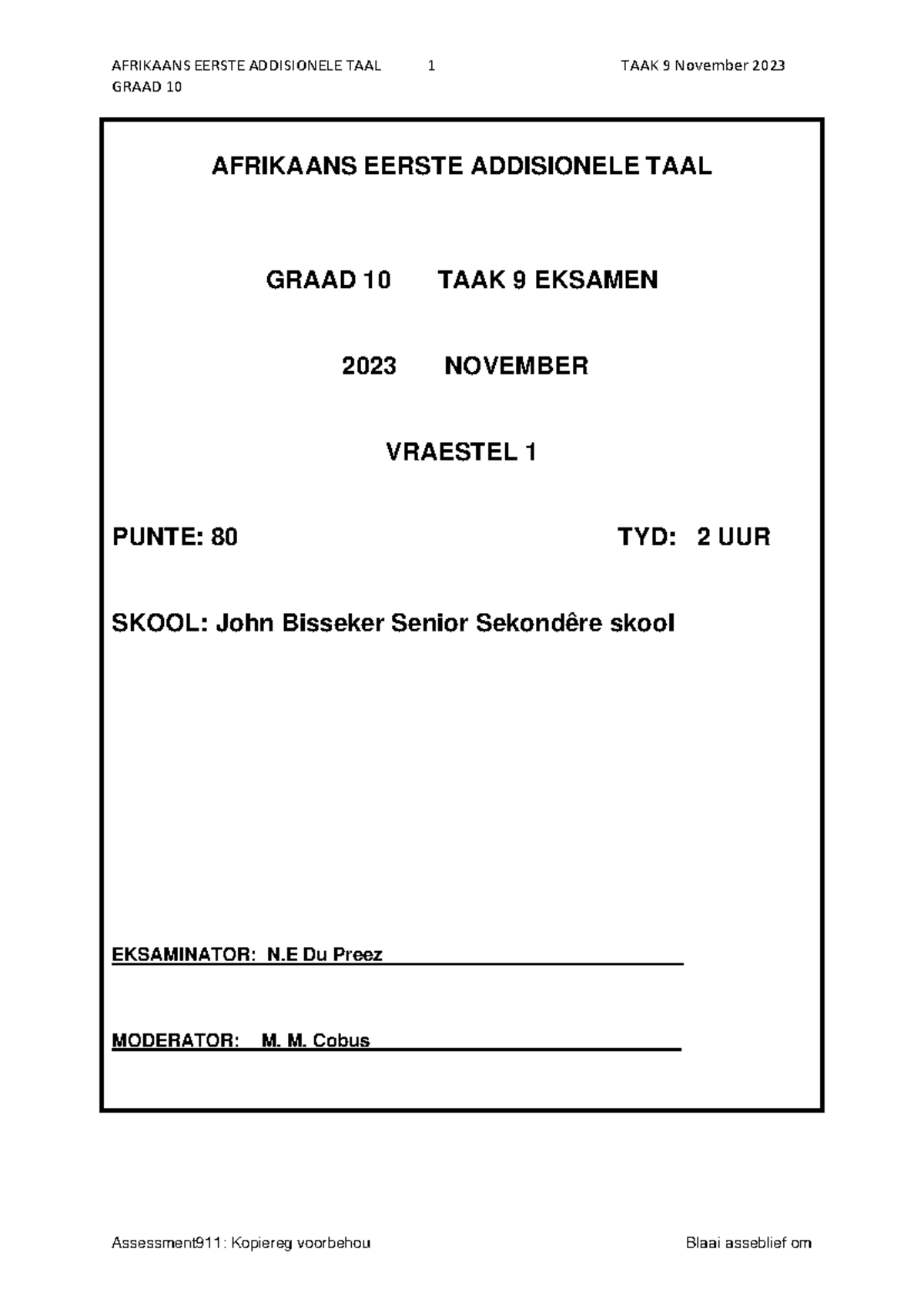 23 24 REA 2023 10AFR EAT T4 TAAK 9 Eksamen V1 - GRAAD 1 0 AFRIKAANS EERSTE ADDISIONELE TAAL ...