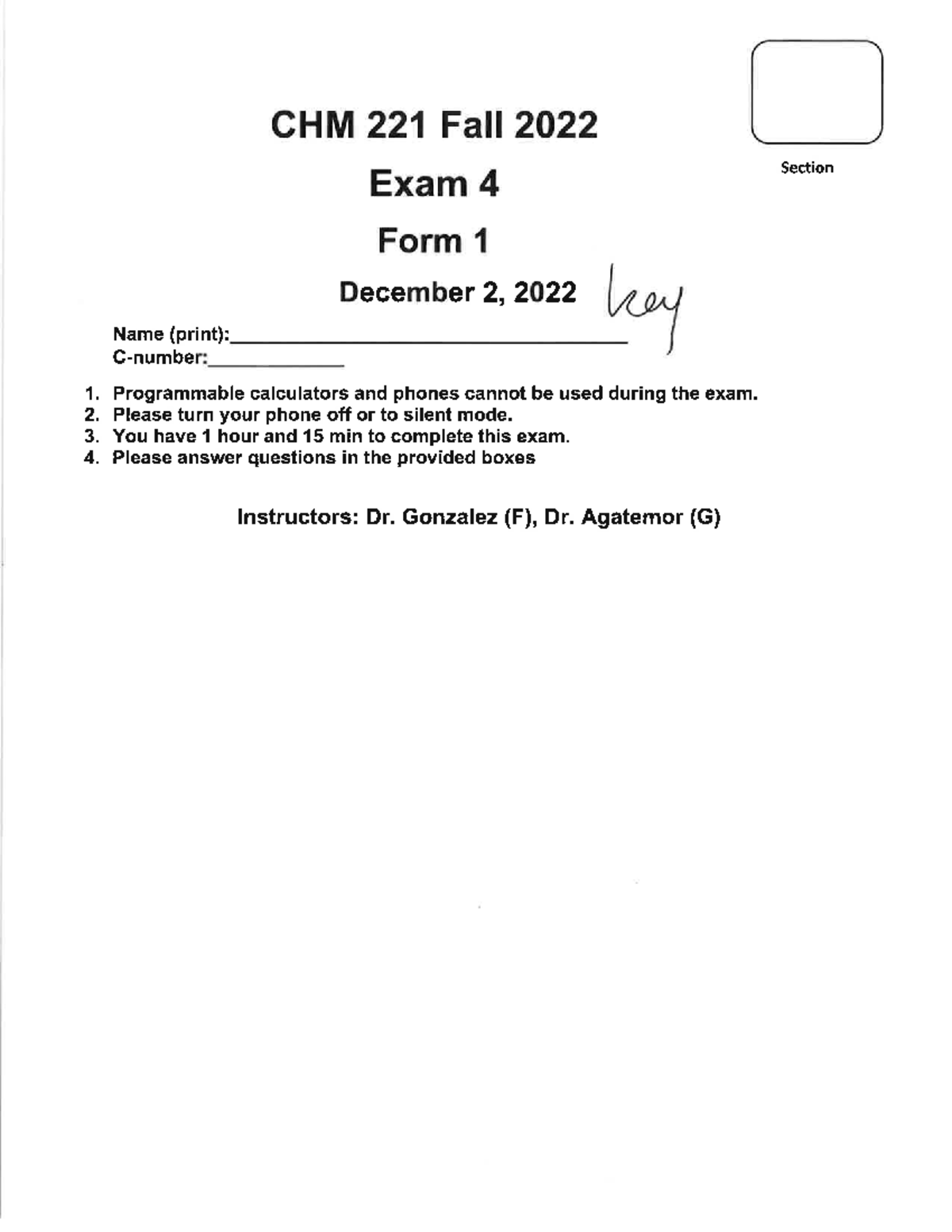 CHM221 Exam 4 Key - CHM 221 Exam 4 Answer Key - CHM 221 Fall 2022 ...