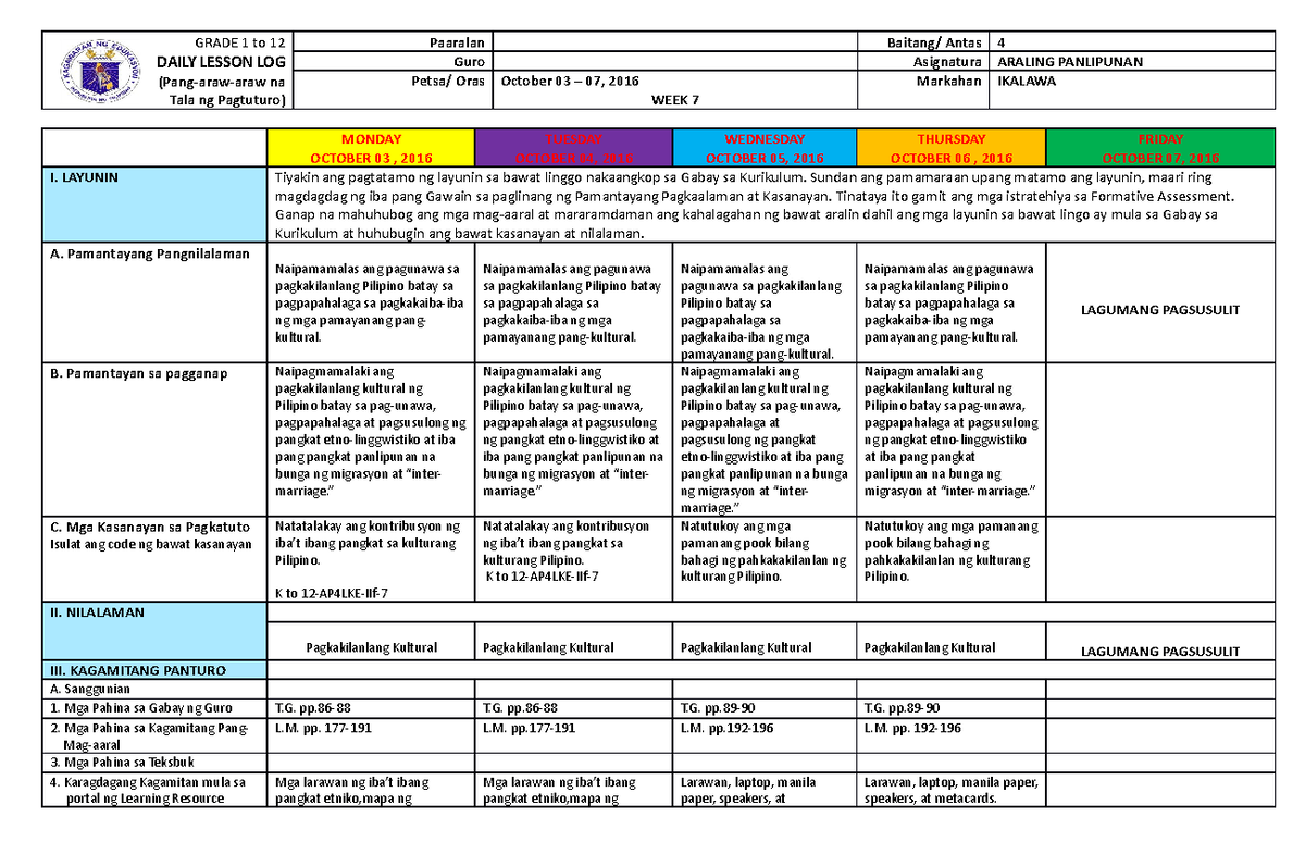 AP Grade 5 DLL Q2 week 7 - NONE - GRADE 1 to 12 DAILY LESSON LOG (Pang ...