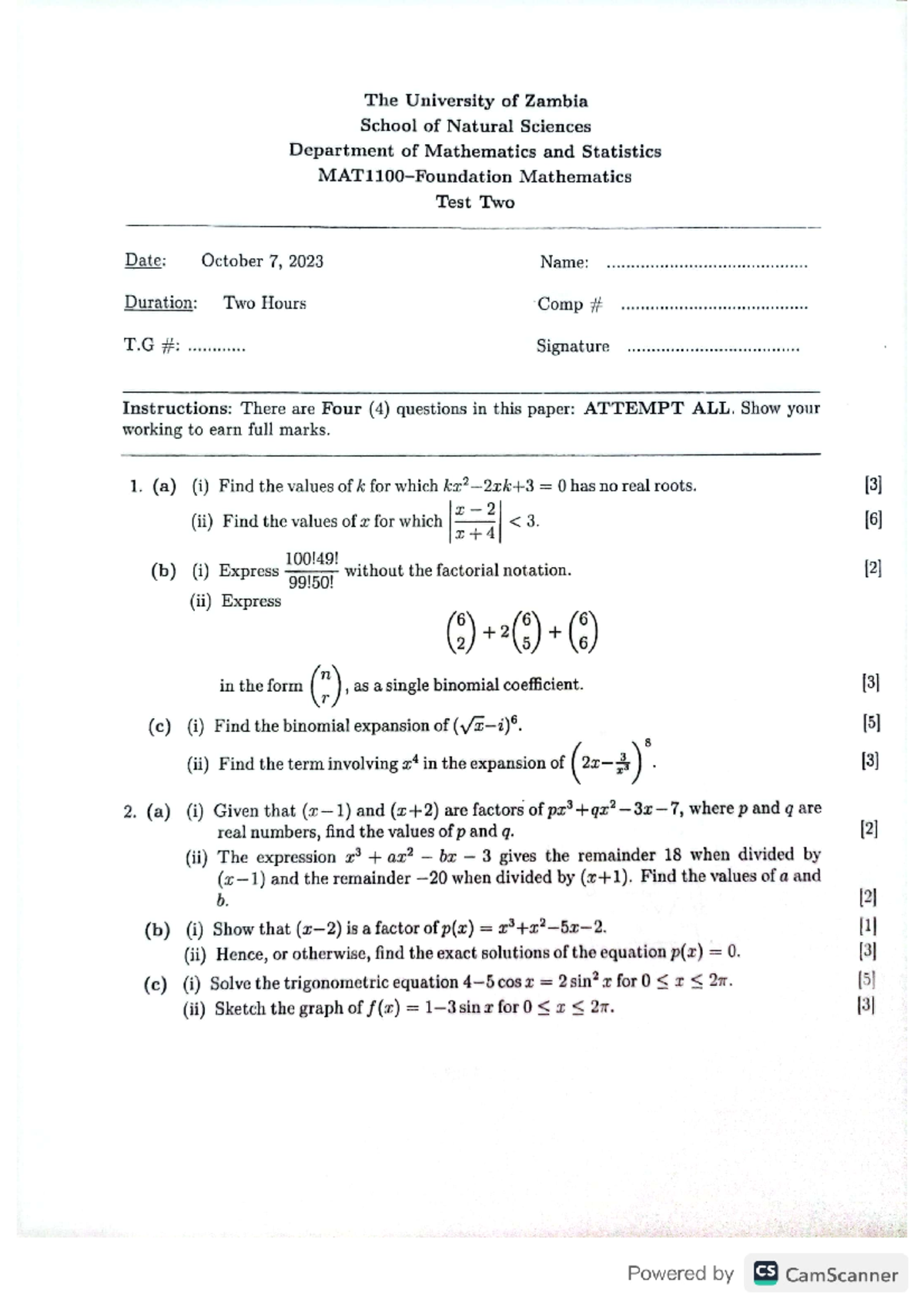 MAT1100 Test 2 - Math practice questions - The University of Zambia ...