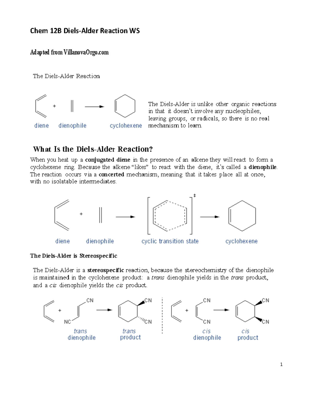 Diels Alder Reaction WS - ####### Chem 12B Diels-Alder Reaction WS ...