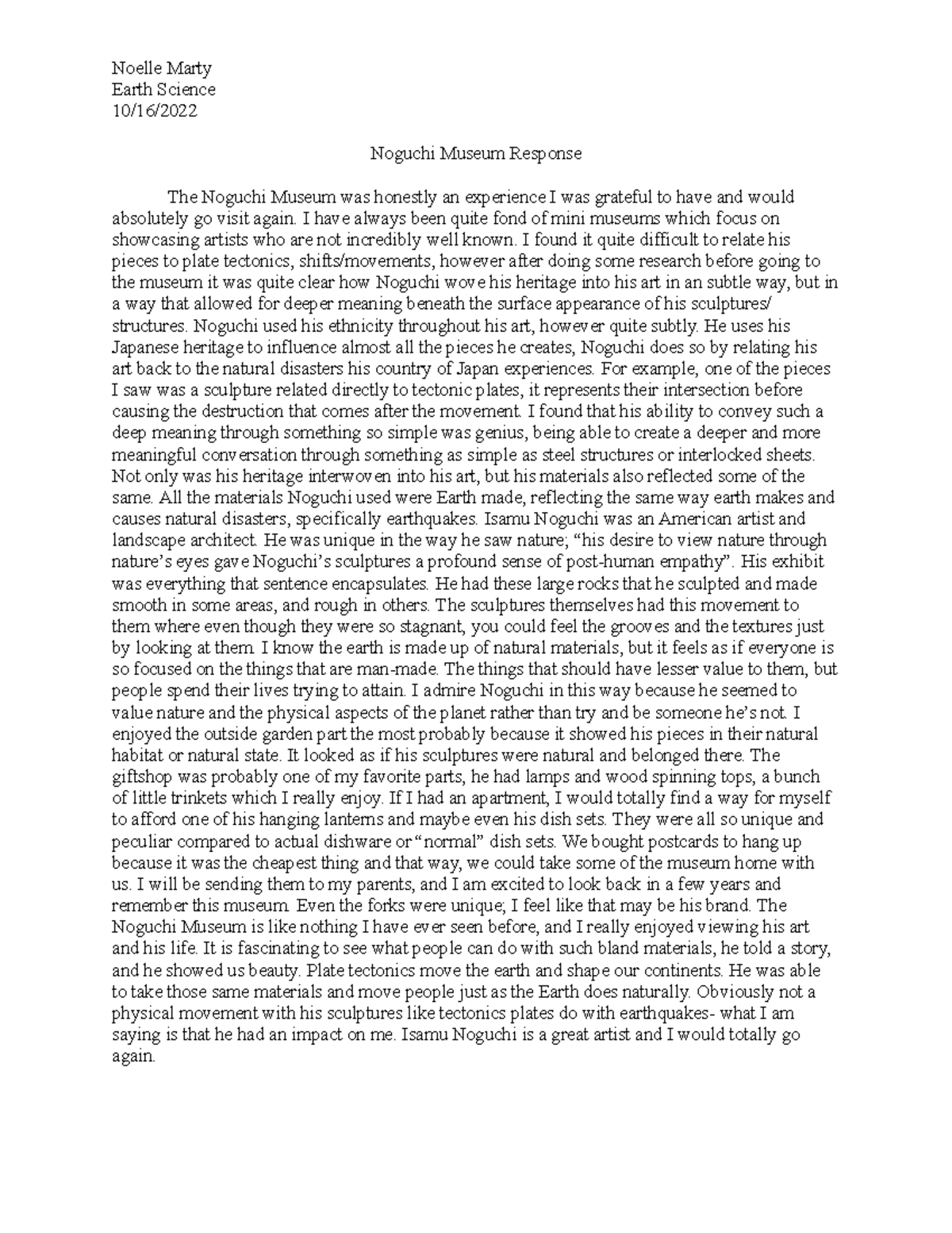 Noguchi Museum Response - Noelle Marty Earth Science 10/16/ Noguchi ...