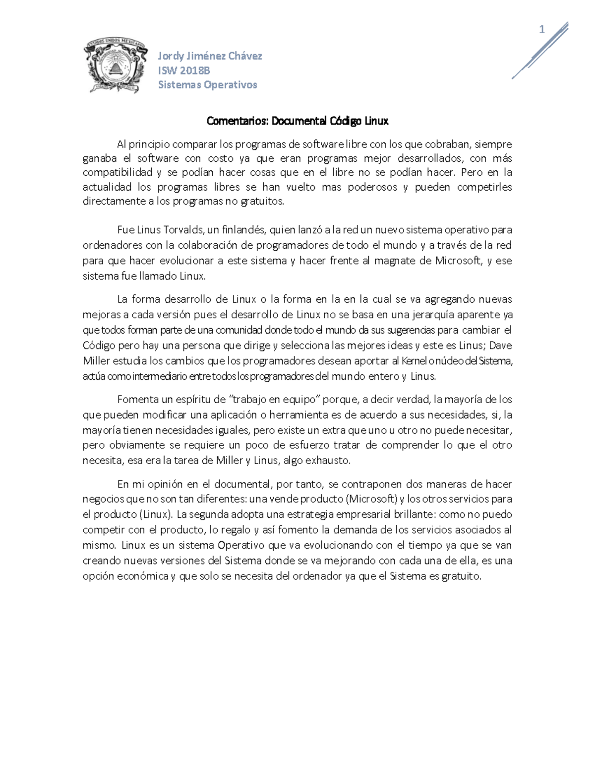 Documental. Código Linux - 1 Jordy ISW 2018B Sistemas Operativos ...