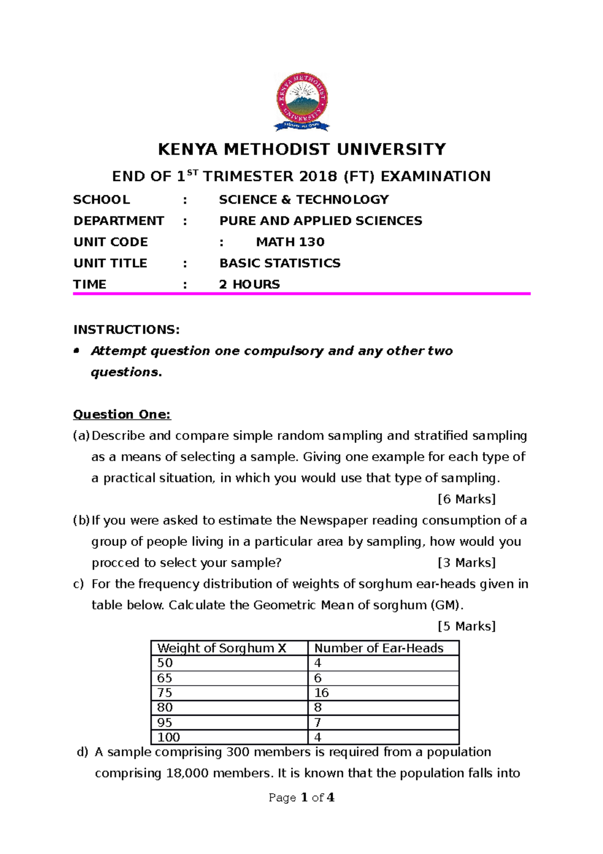 Basic Statistics (MATH 130) FT 1ST Trimseter 2018 - KENYA METHODIST ...