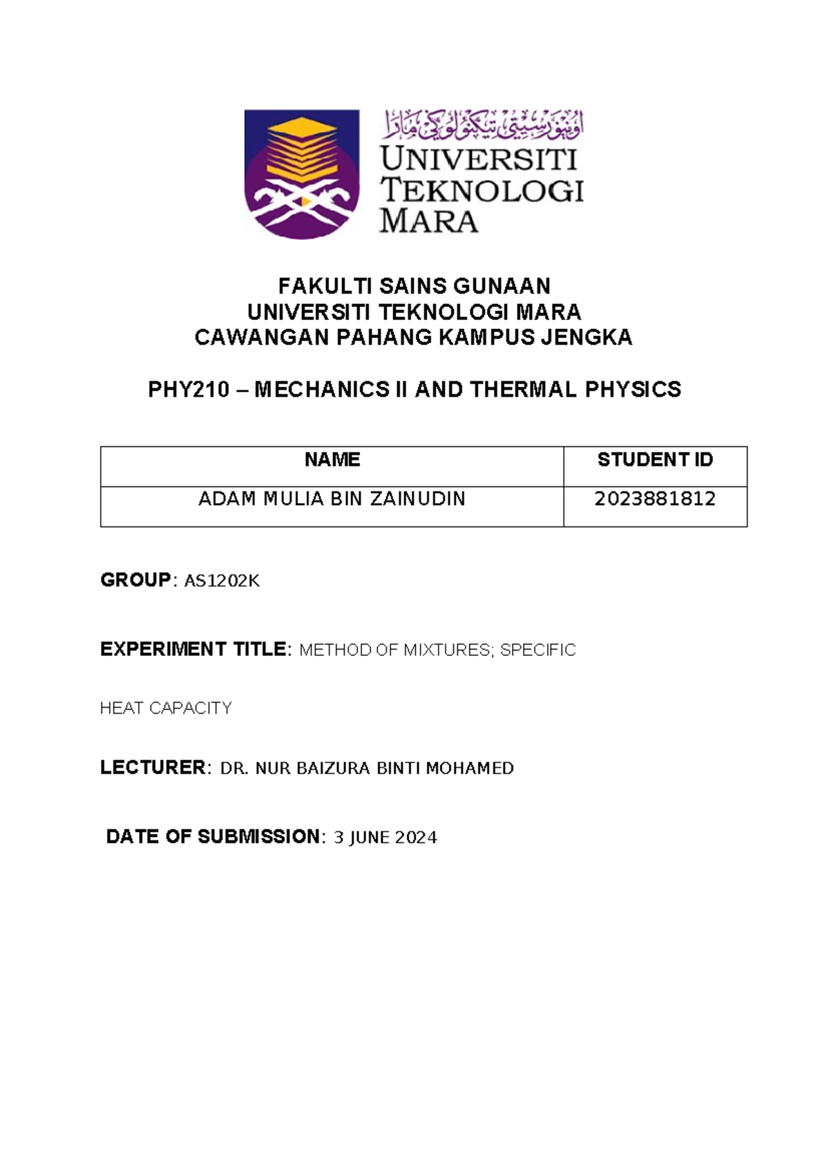 LAB Report PHY 4 - contoh - FAKULTI SAINS GUNAAN UNIVERSITI TEKNOLOGI ...