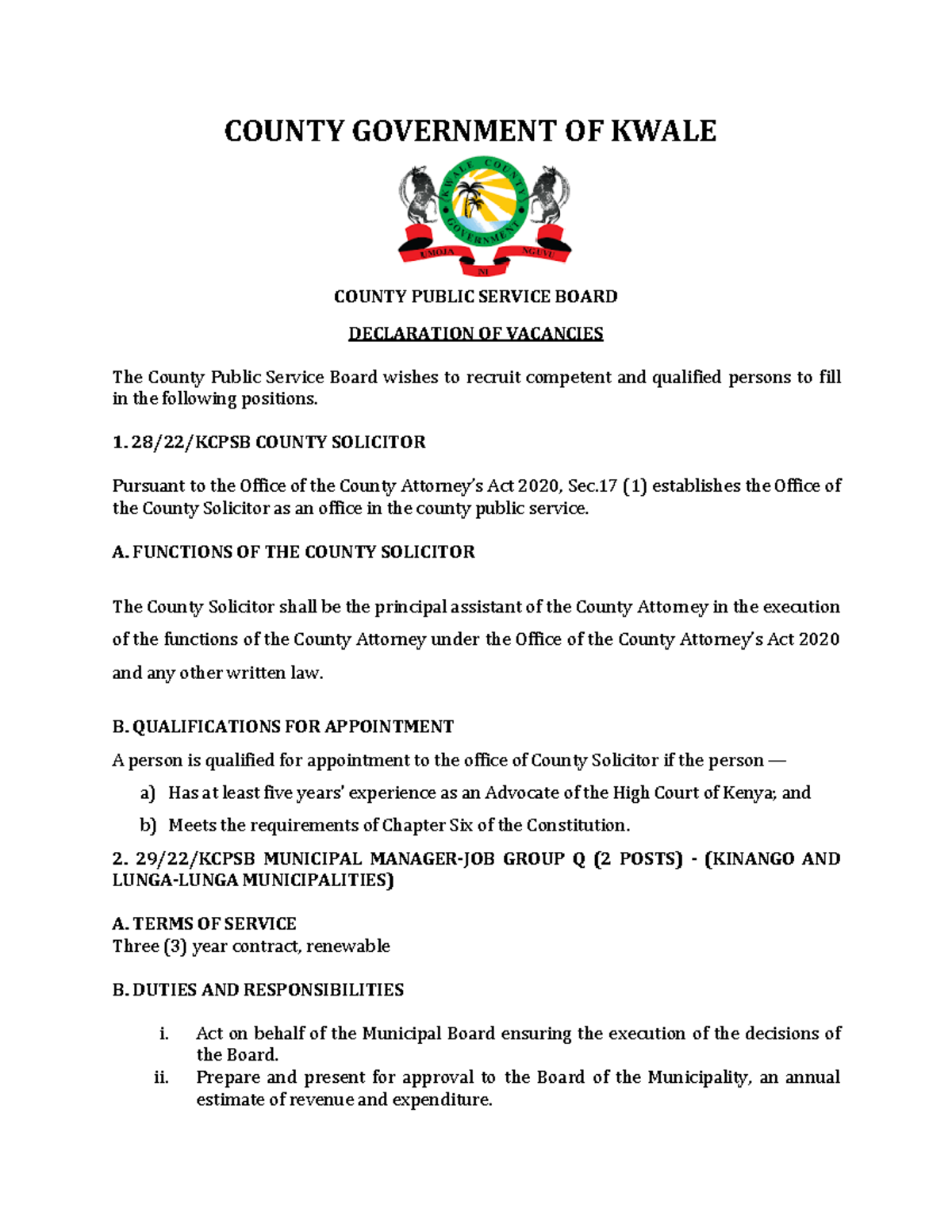 Declaration OF JOB Vacancies-SUB- County Administrator AND Municipal ...