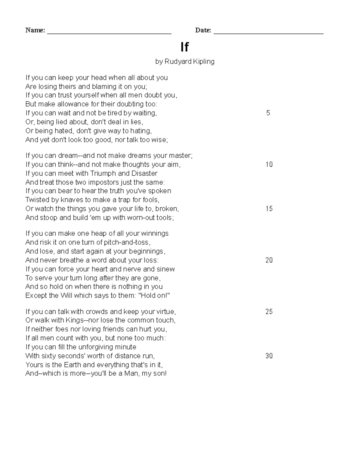 If by Rudyard Kipling - student packet - Name ...