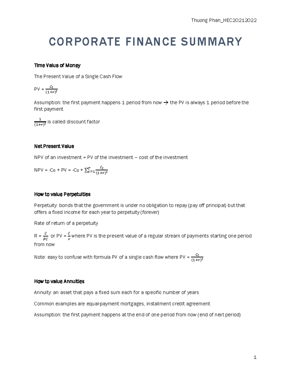 CF summary - from Module 3 to 8 - CORPORATE FINANCE SUMMARY Time Value ...