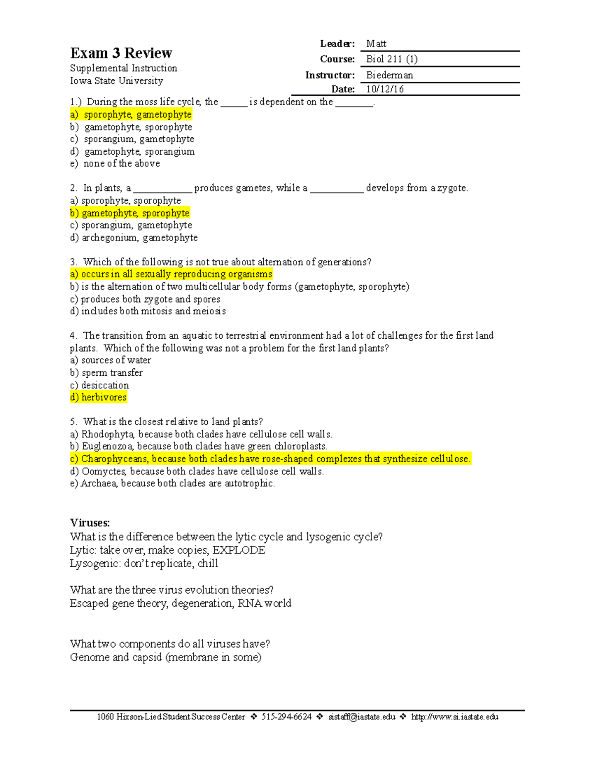 Exam 3 review key - Leader: Matt Course: Biol 211 (1) Supplemental ...