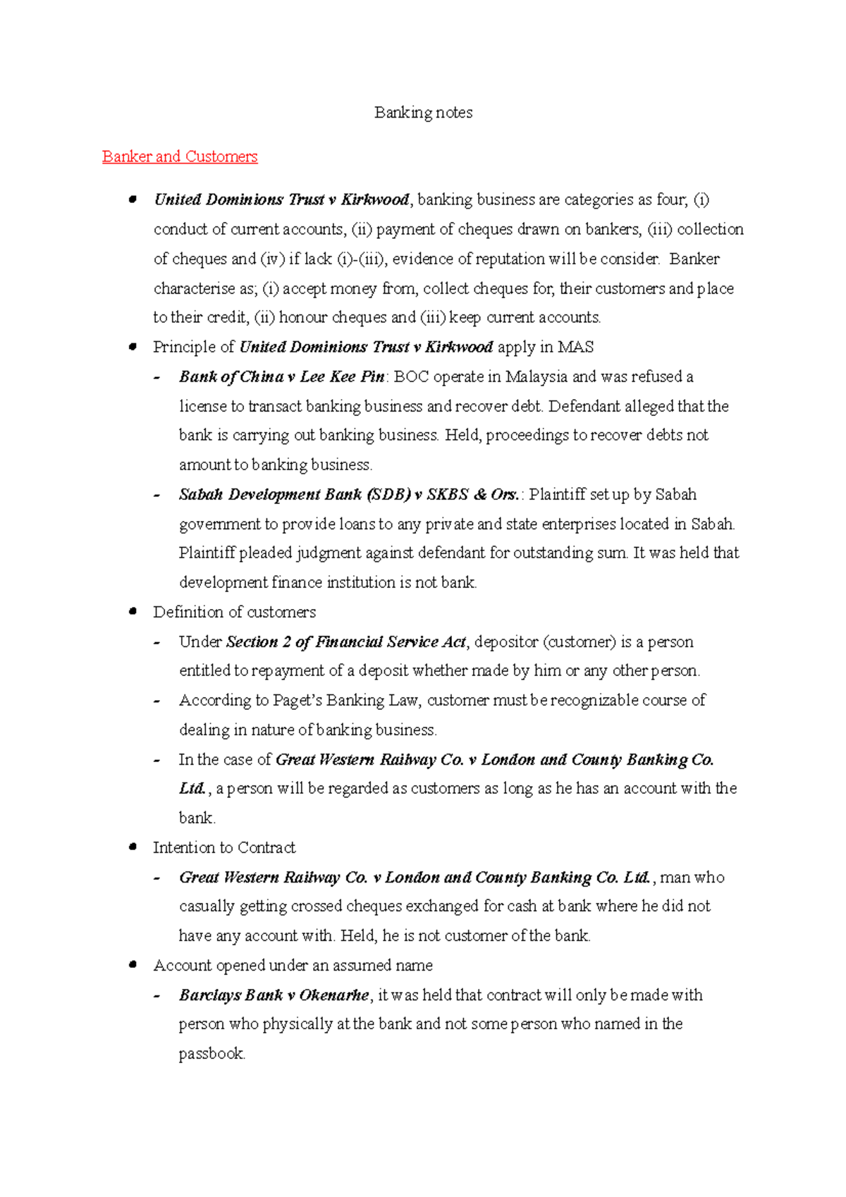 Banking Notes (Exam) - Banking notes Banker and Customers United ...