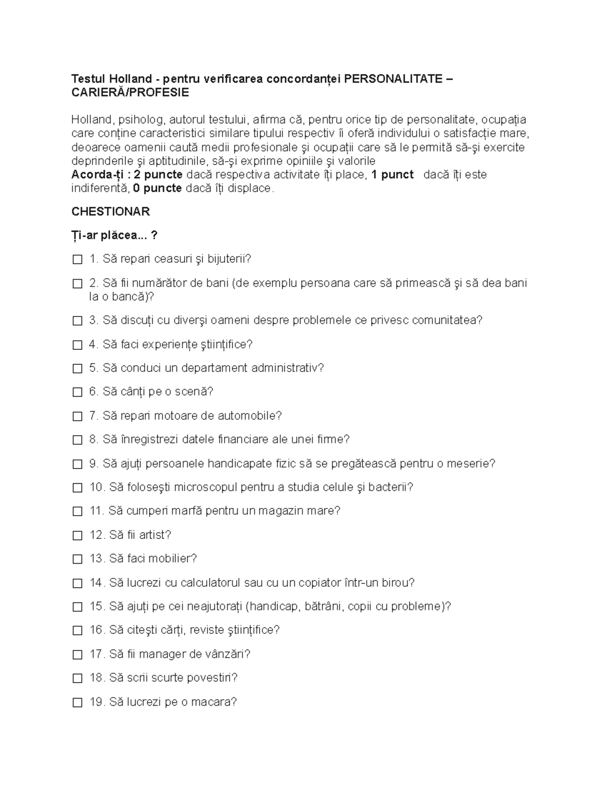 Testul Holland hermes - Testul Holland - pentru verificarea ...