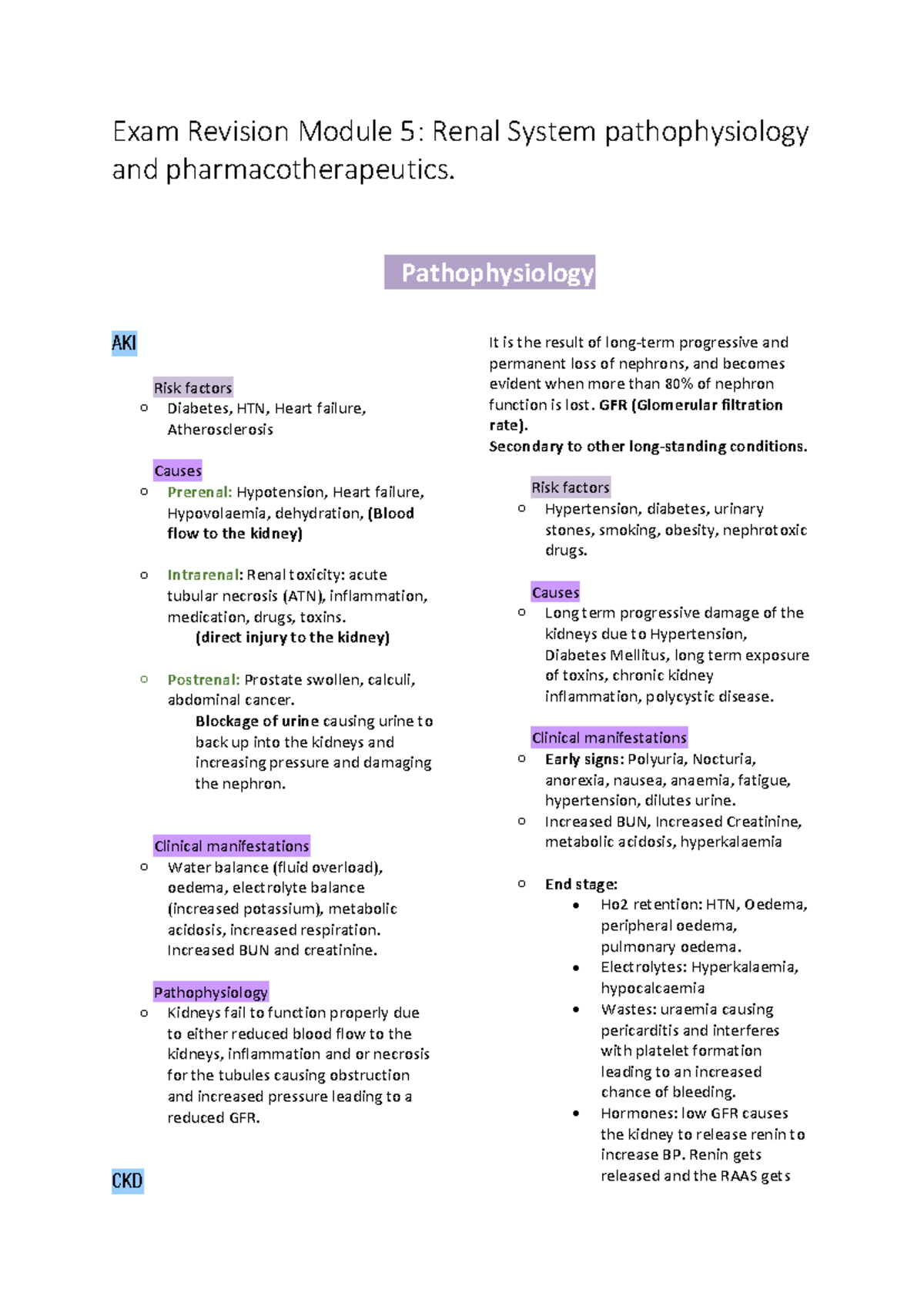 Exam Revision Module 5 Renal System pathophysiology and pharmacotherapeutics - Pathophysiology ...