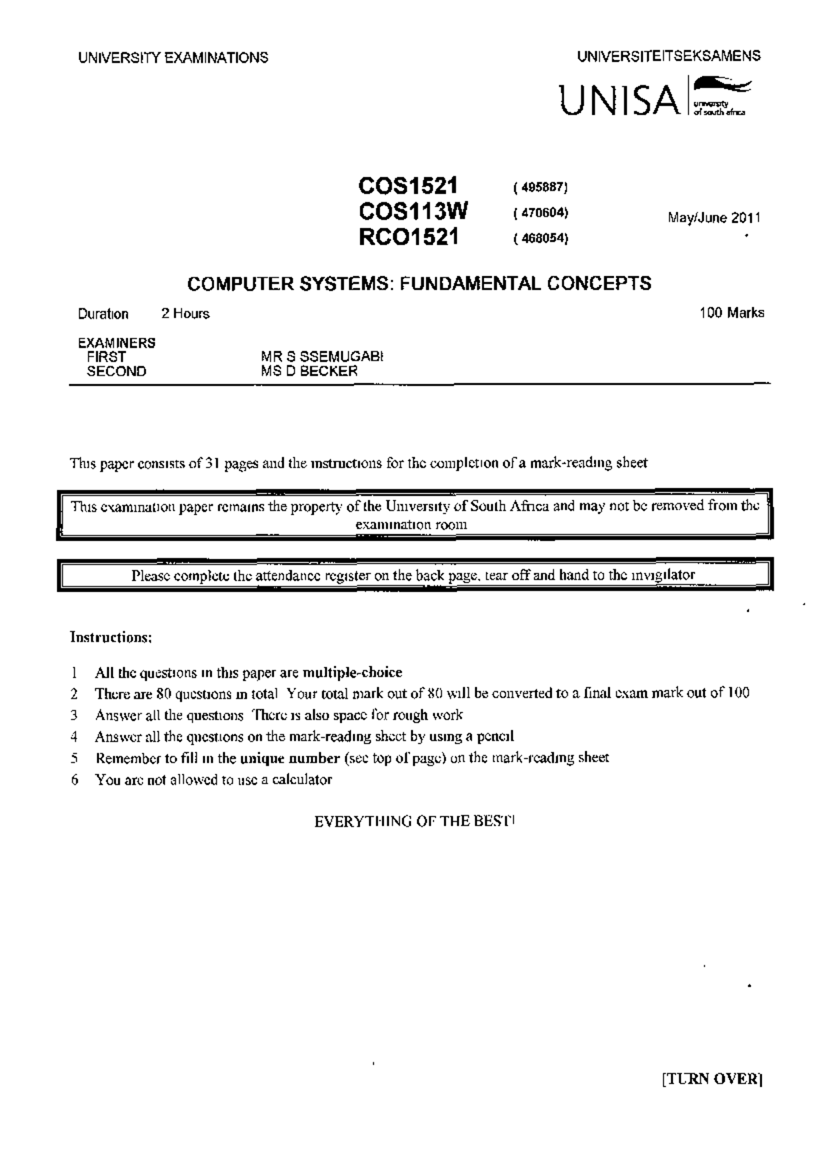 Exam 2011, questions - COS1521 - Studocu