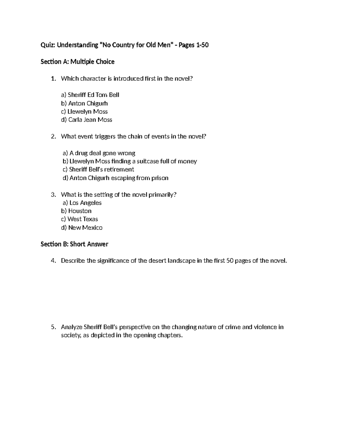 Quiz - NCOM - 50 pages - Questions about No Country For Old man - Quiz ...