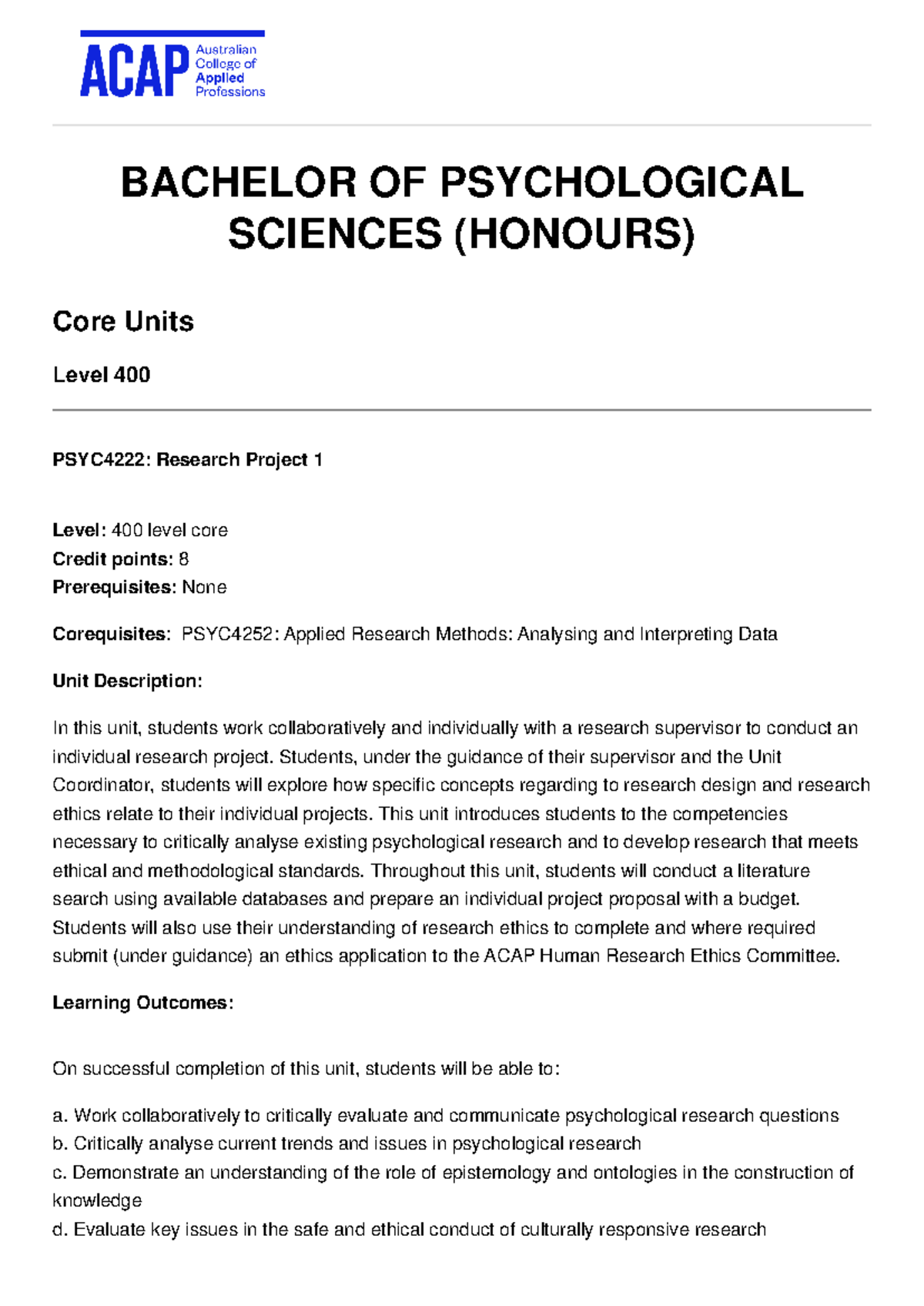 Bachelor of Psychological Sciences (Honours) - Core Units Level 400 ...